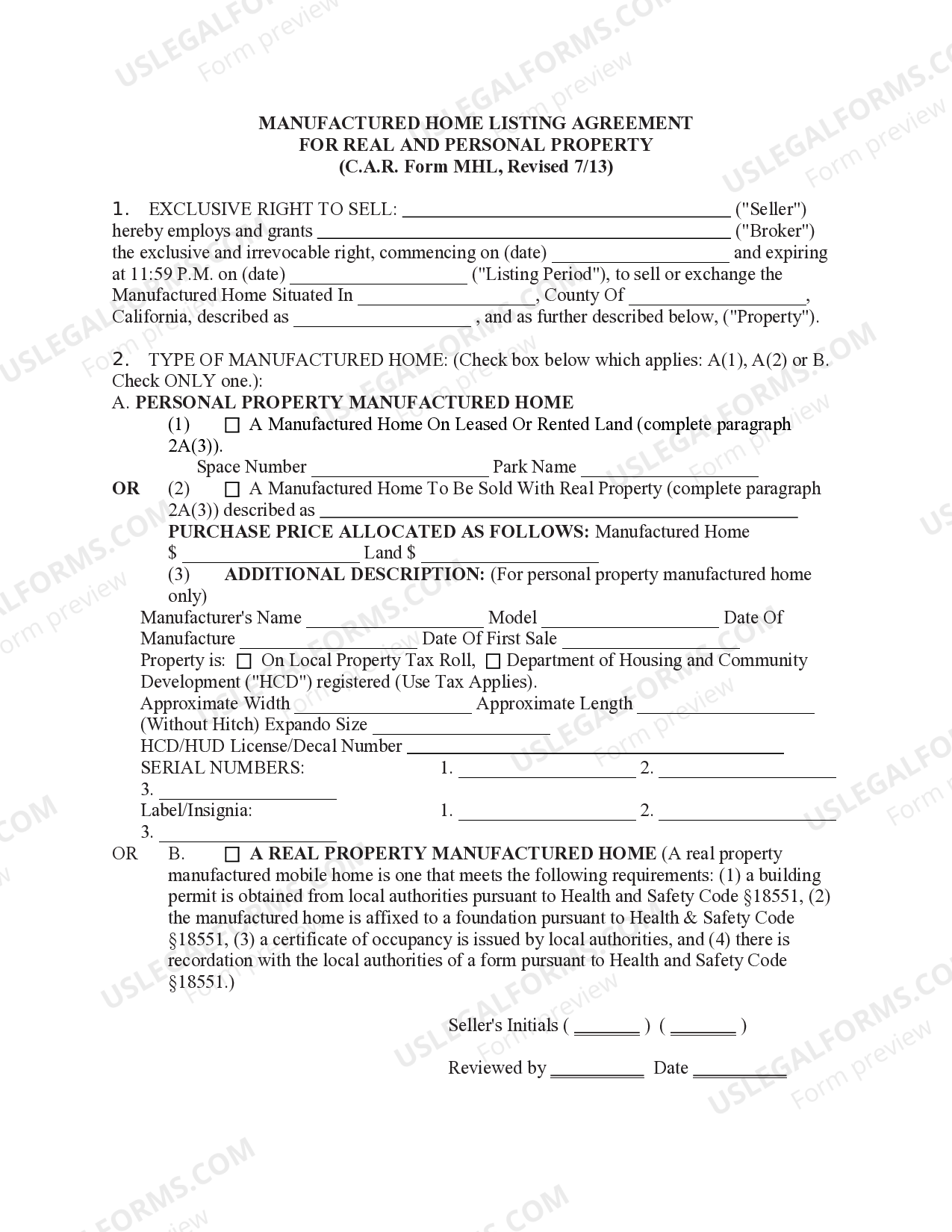 California Manufactured Home Listing Agreement for Real and Personal ...