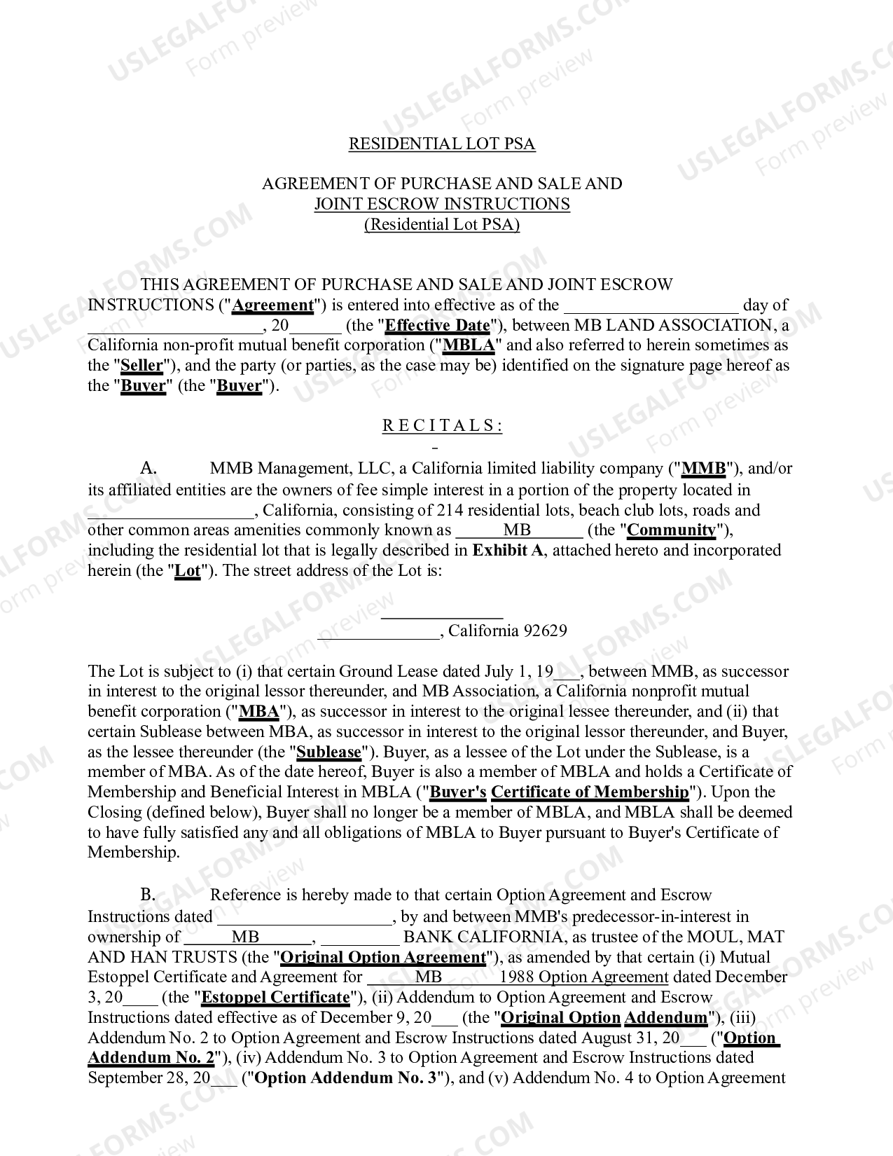 California Residential Lot PSA - Agreement of Purchase and Sale and ...