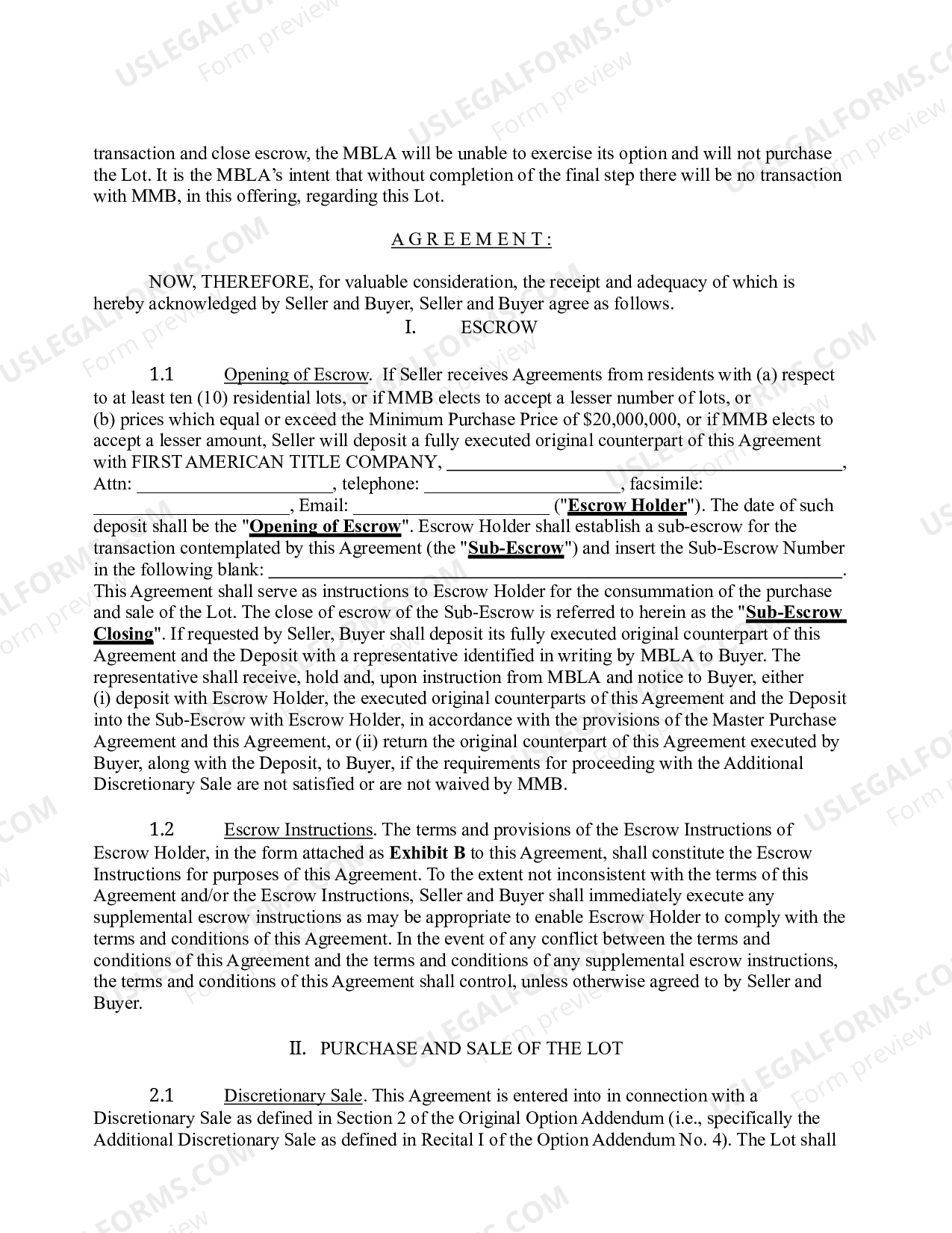 California Residential Lot PSA - Agreement of Purchase and Sale and ...