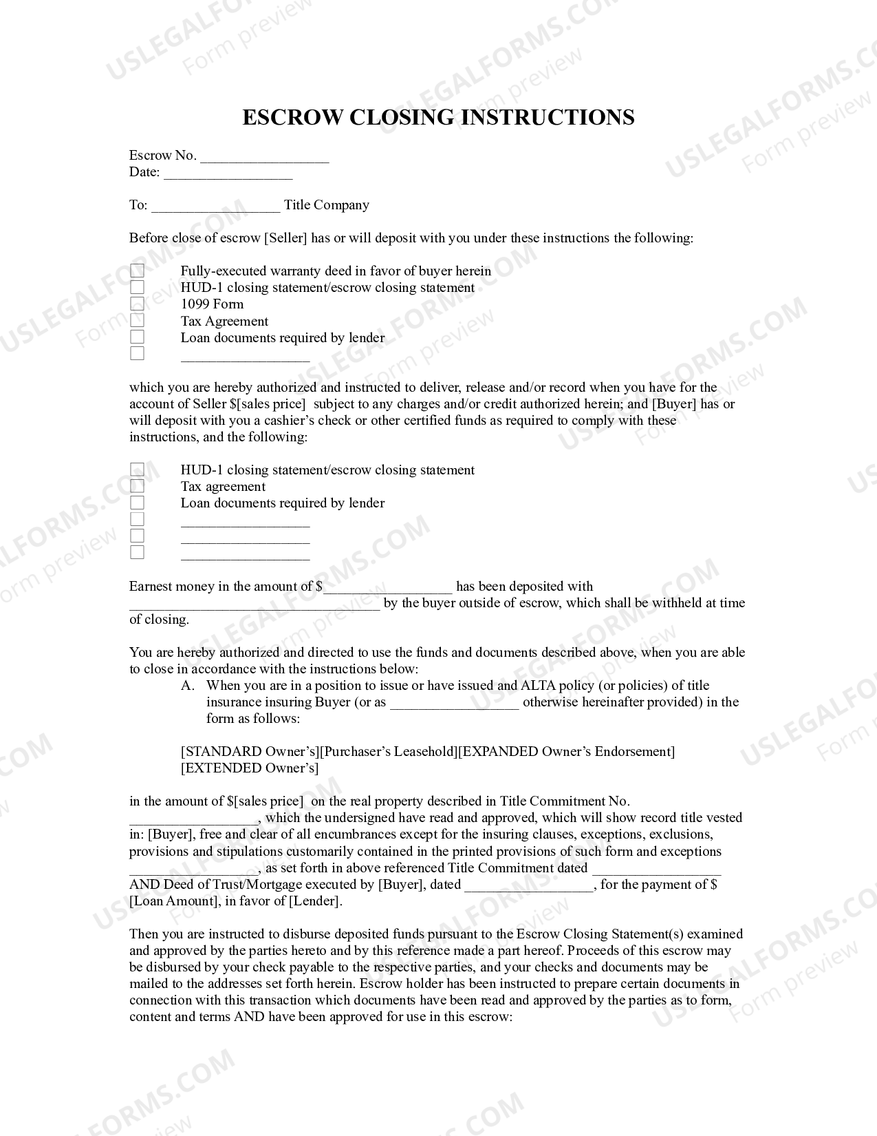 California Escrow Closing Instructions | US Legal Forms