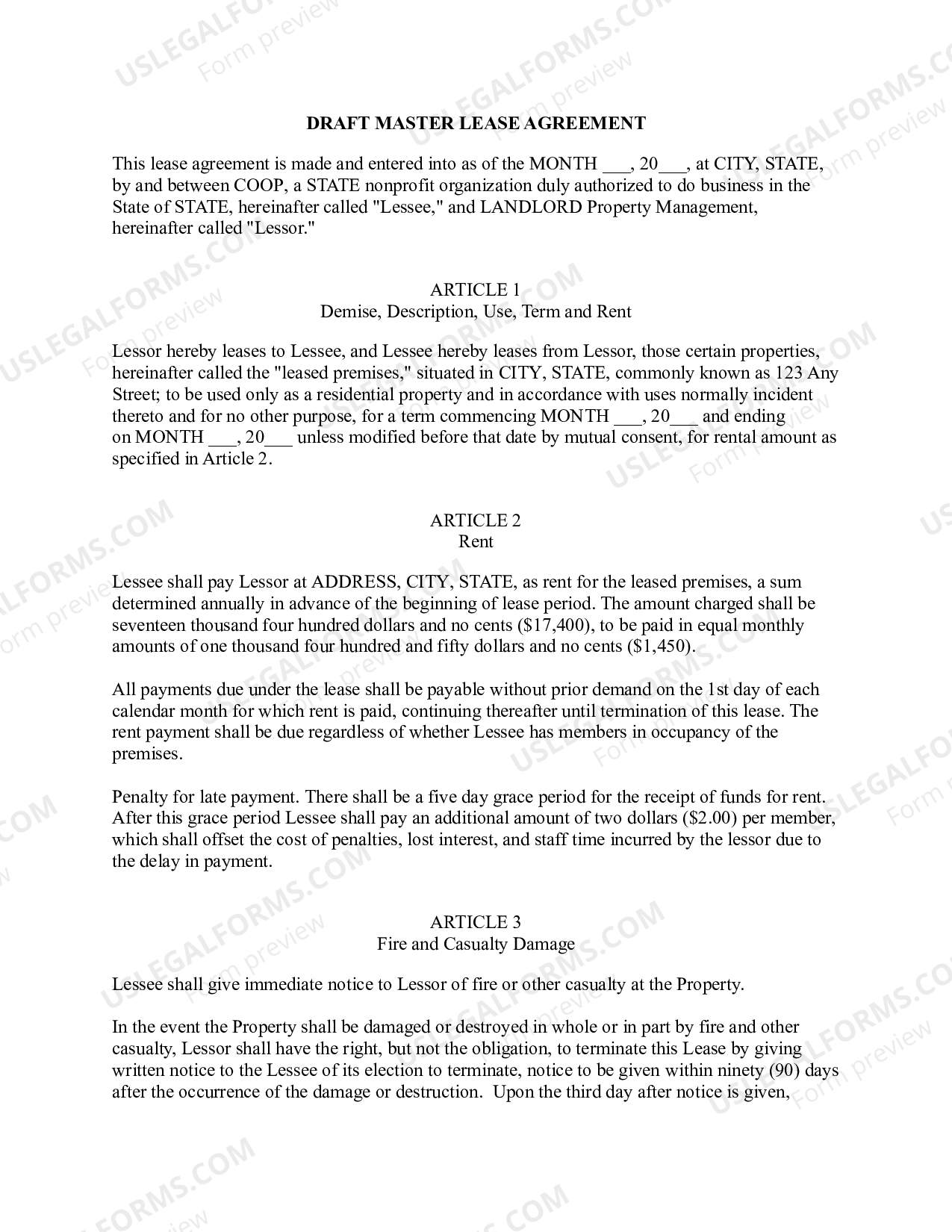 California Draft Master Lease Agreement | US Legal Forms
