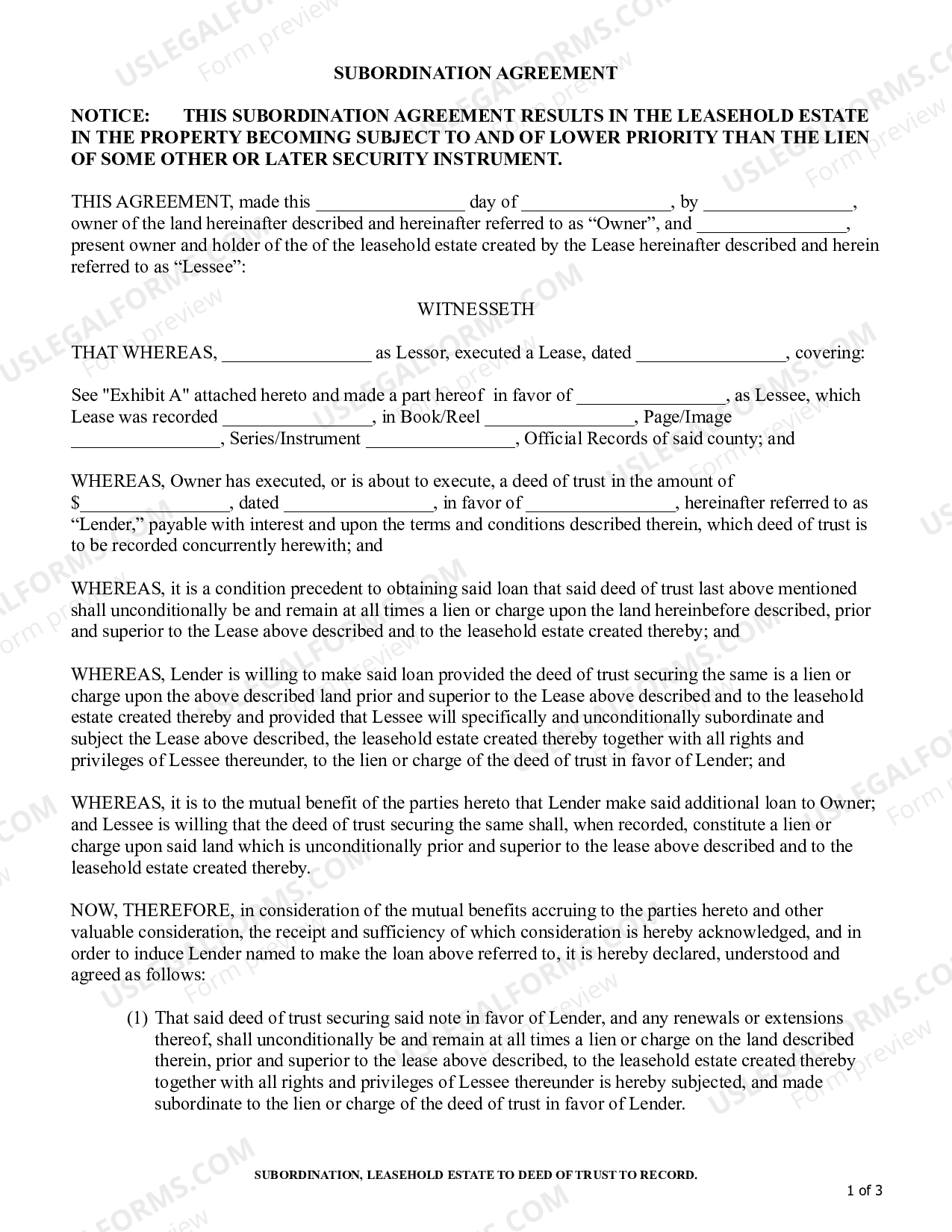 California Subordination Agreement for Existing Loan | US Legal Forms