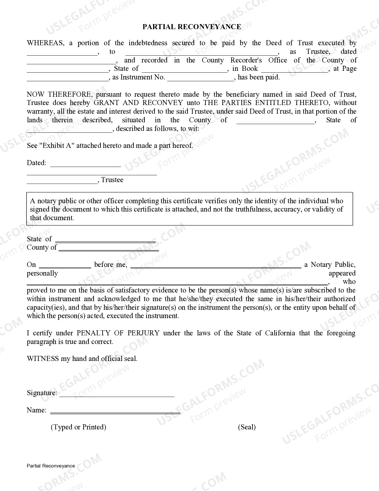 California Partial Reconveyance | US Legal Forms