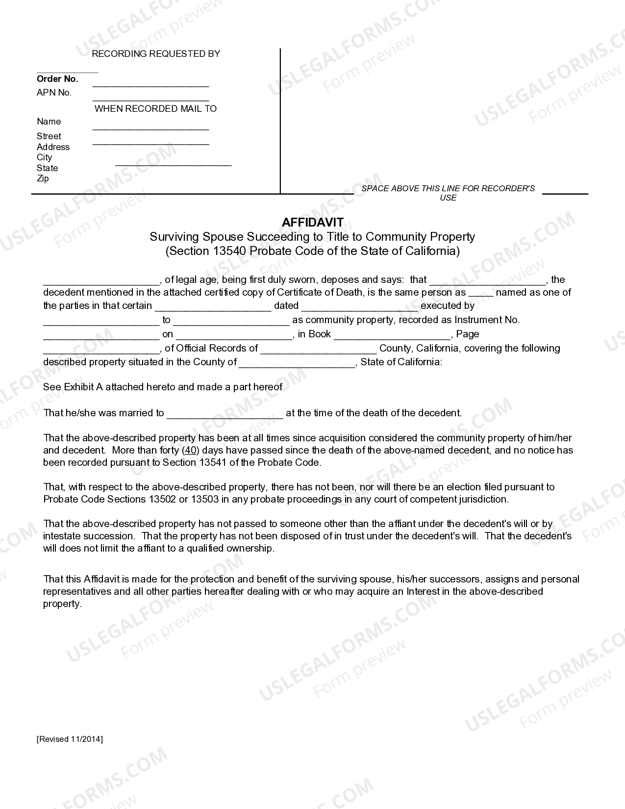 California Affidavit - Surviving Spouse Succeeding to Title Community ...