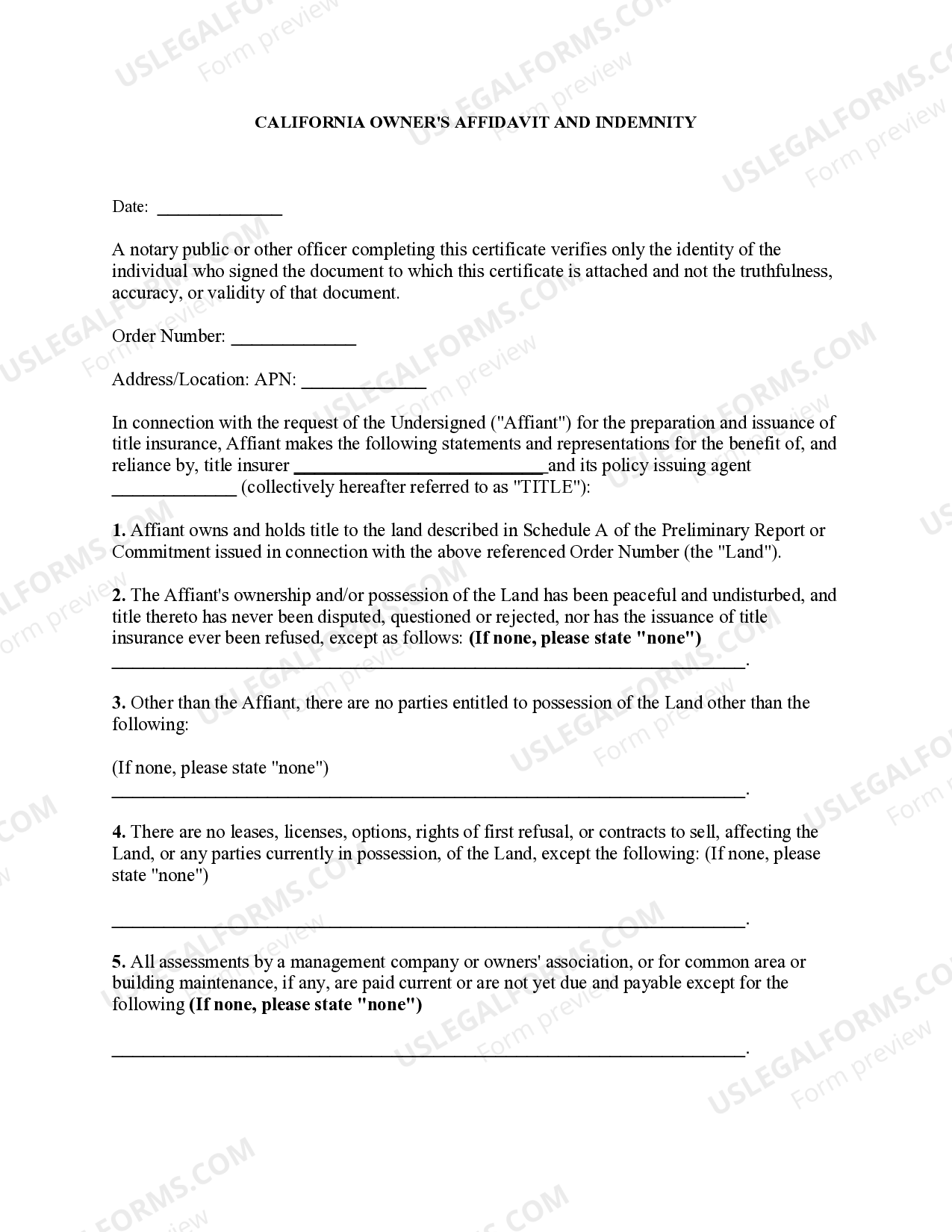 California Owner's Affidavit and Indemnity | US Legal Forms