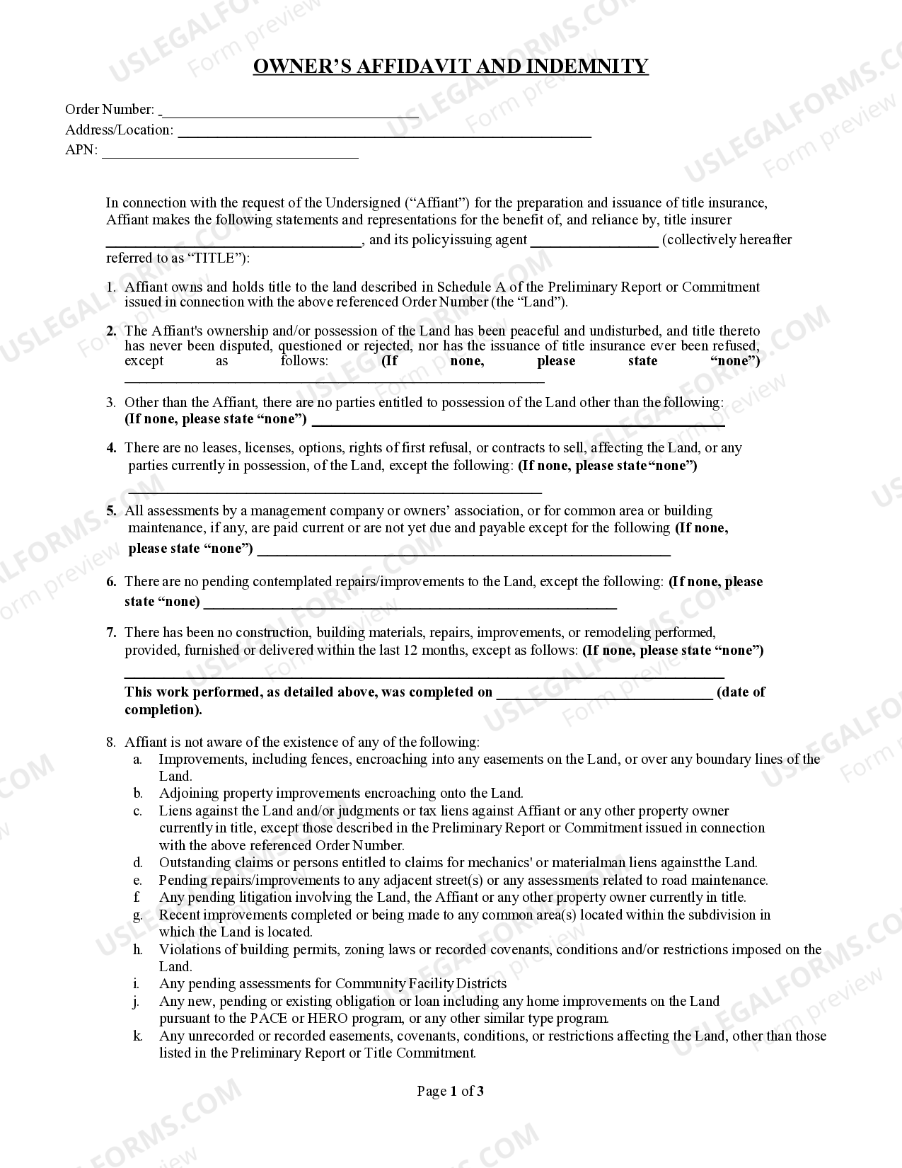 California Owner's Affidavit and Indemnity | US Legal Forms