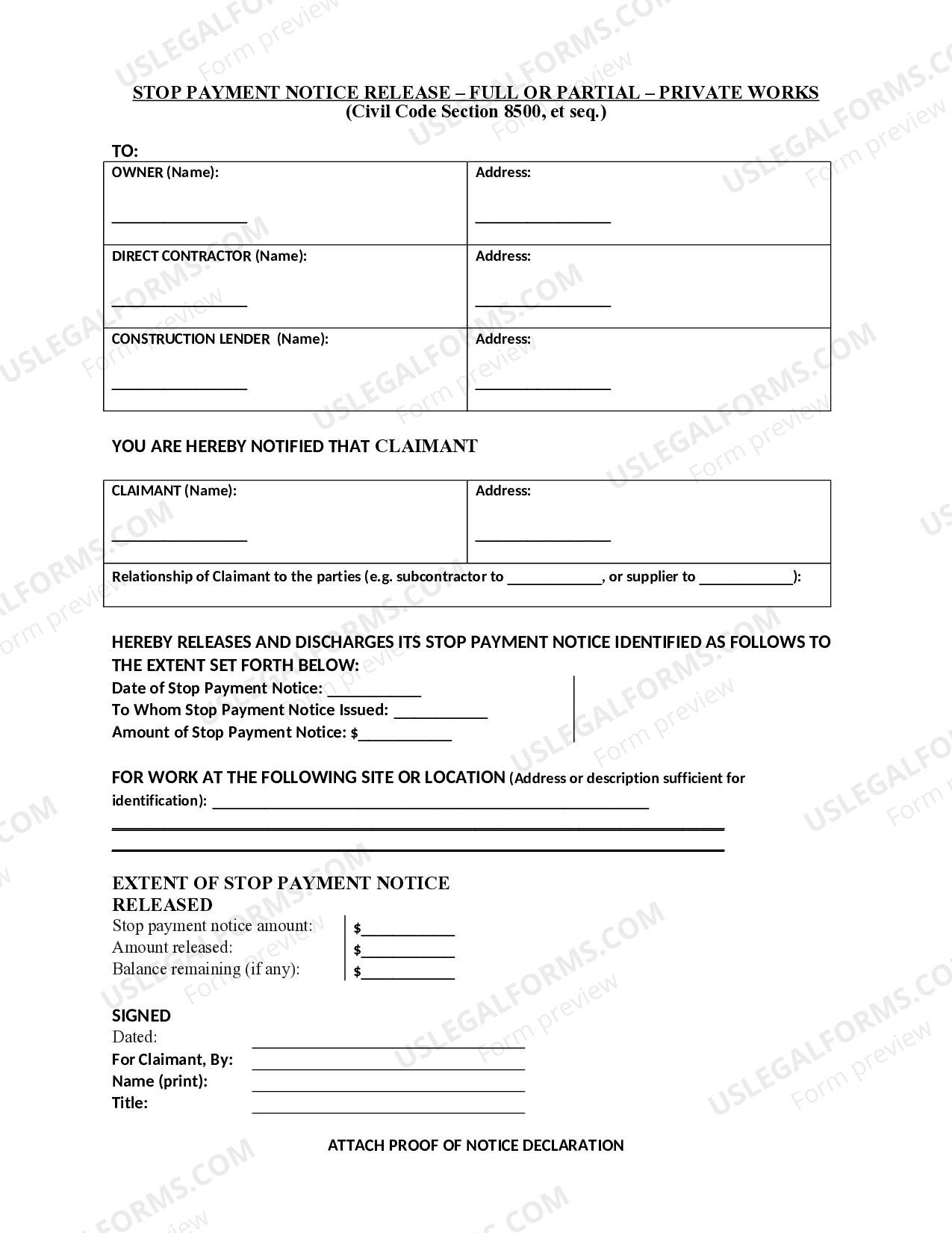 California Stop Payment Notice Release - Full or Partial - Private ...