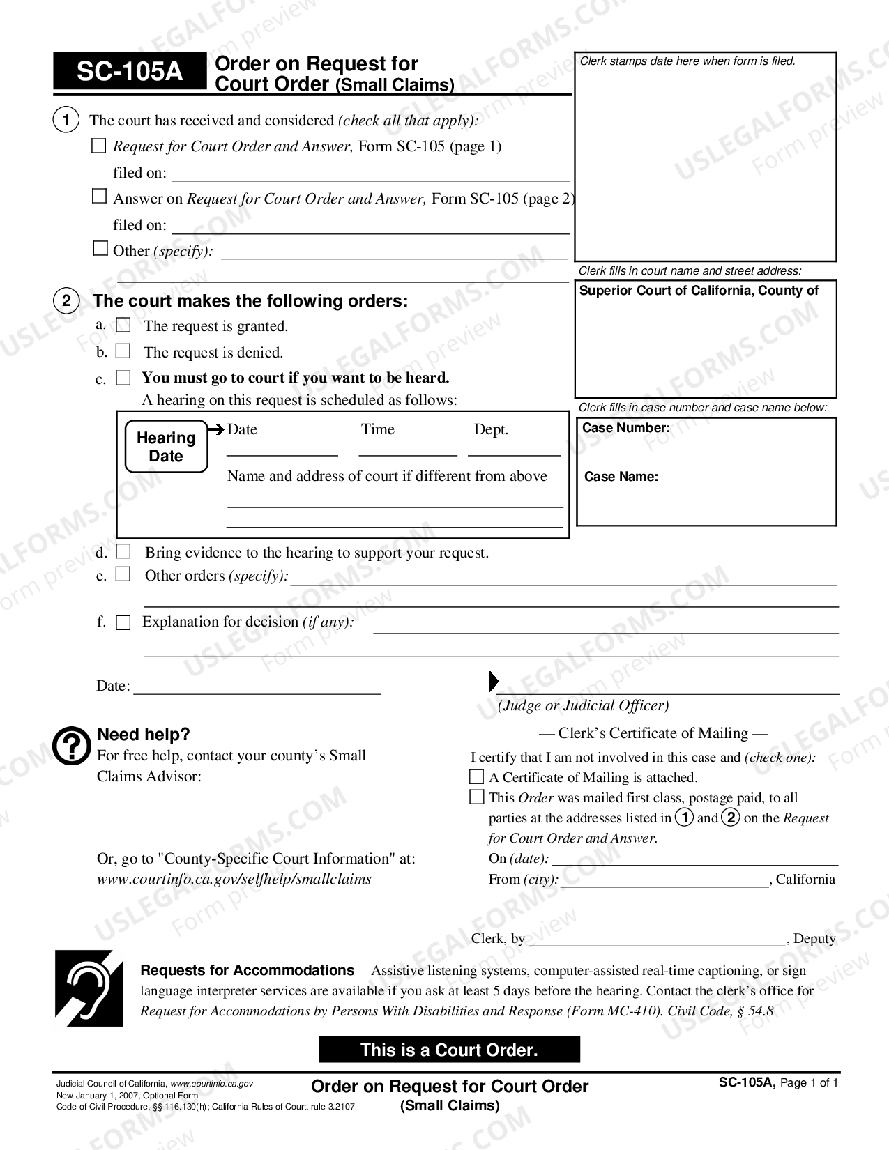 California Order on Request for Court Order - Small Claims - Form Sc ...
