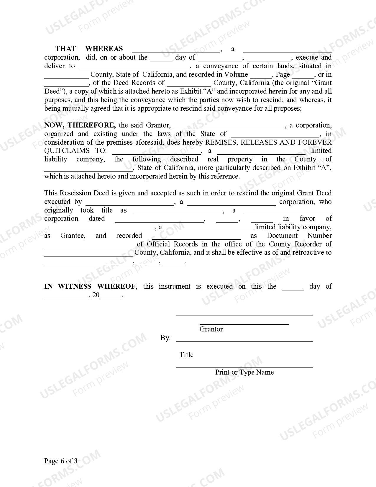 California Deed of Rescission - Corporation to LLC | US Legal Forms