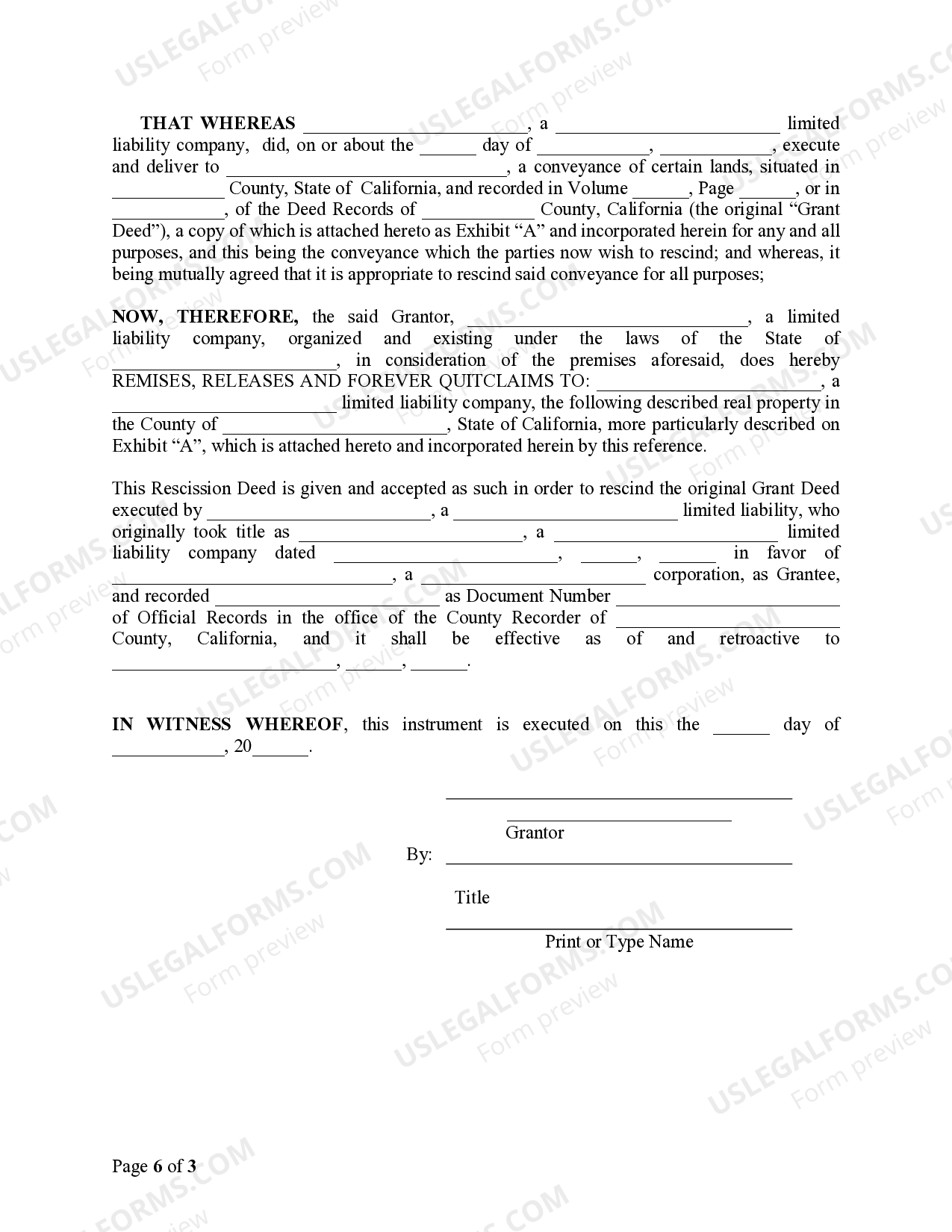 California Deed of Rescission - LLC to Corporation | US Legal Forms