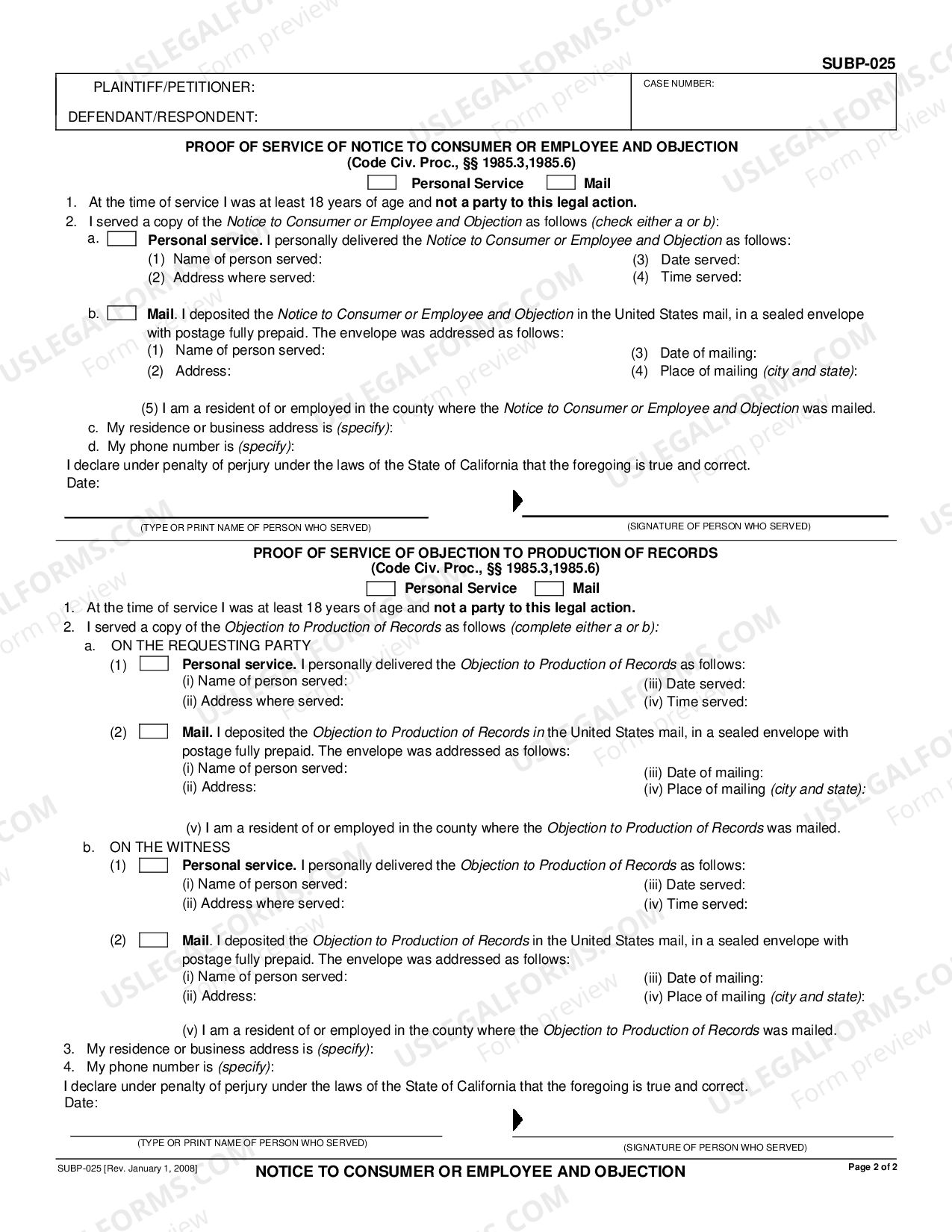 California Notice to Consumer or Employee and Objection | US Legal Forms