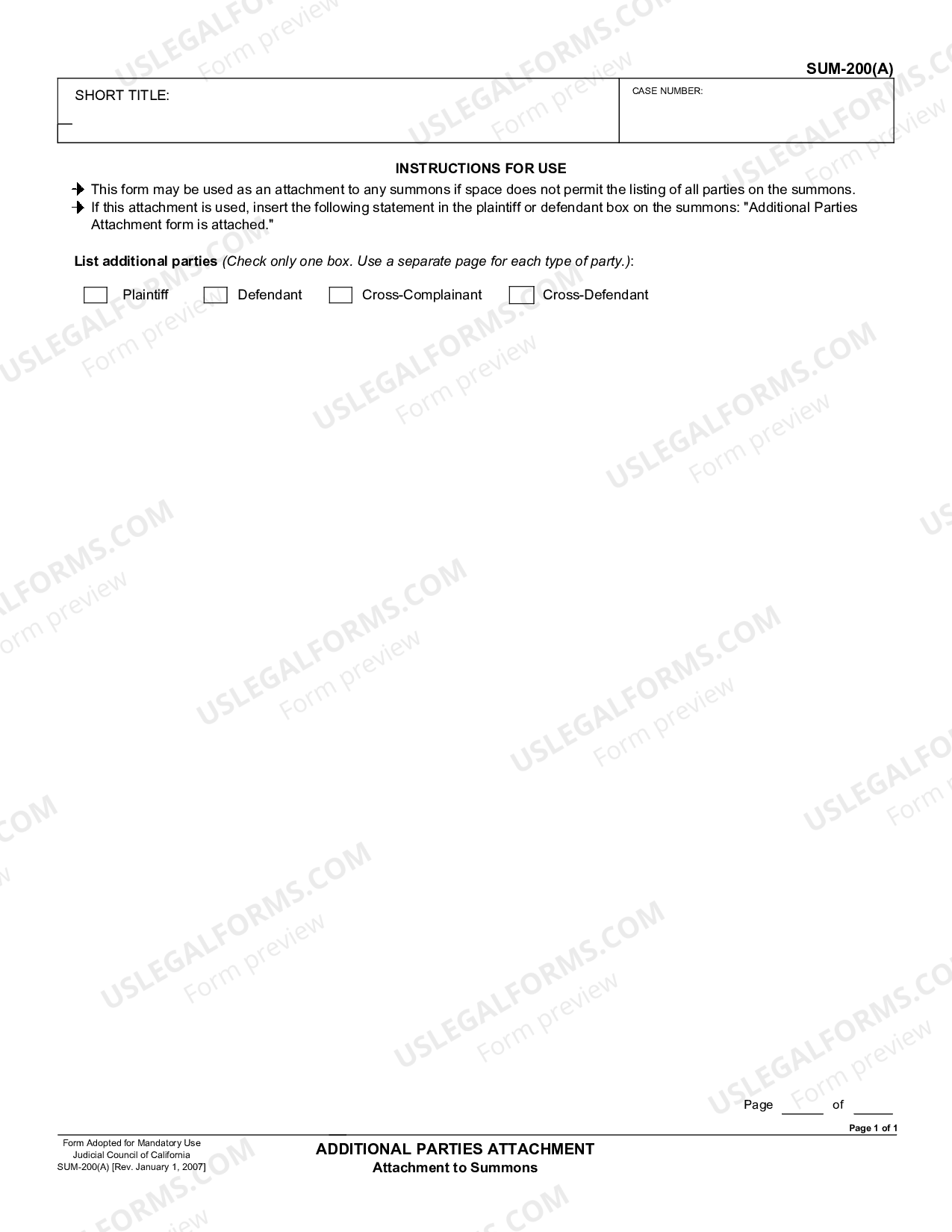 California Additional Parties Attachment - Sum 200a | US Legal Forms