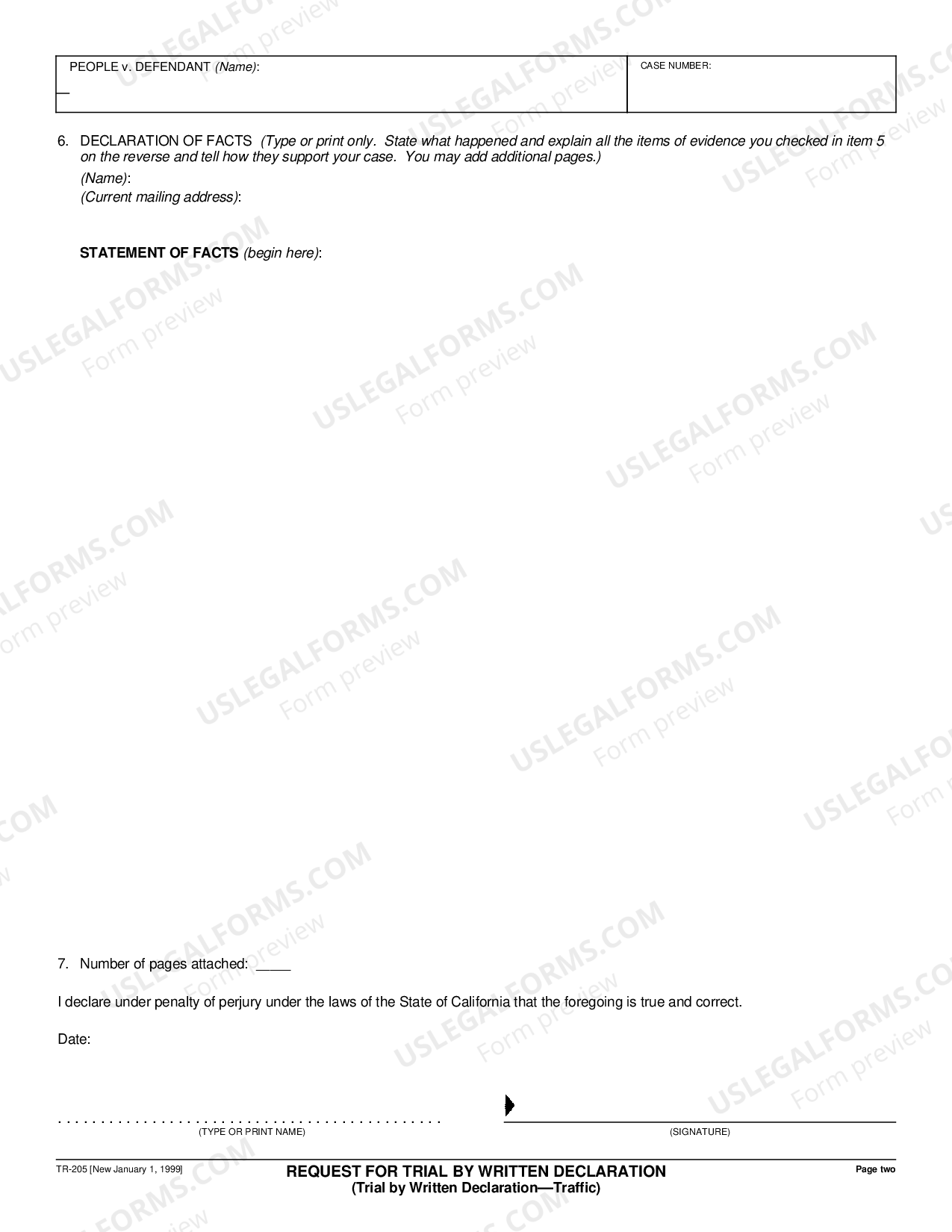 California Request for Trial by Written Declaration | US Legal Forms