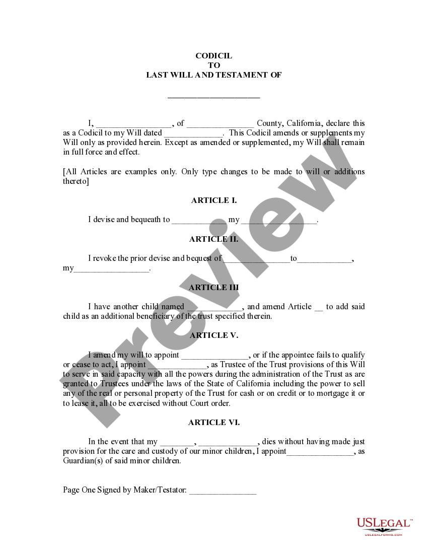 California Codicil To Will Form For Amending Your Will California 