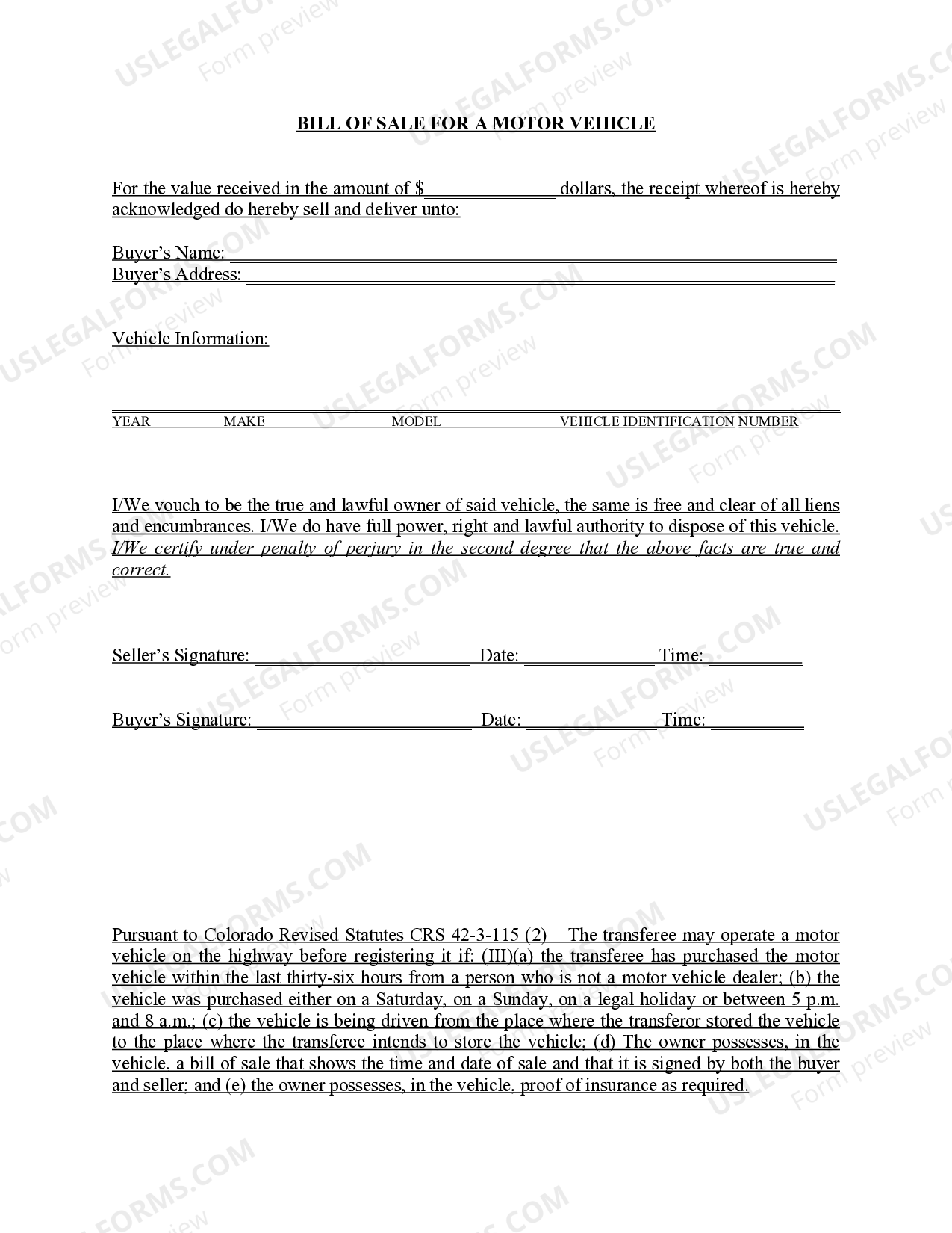 Colorado Bill of Sale for a Motor Vehicle | US Legal Forms