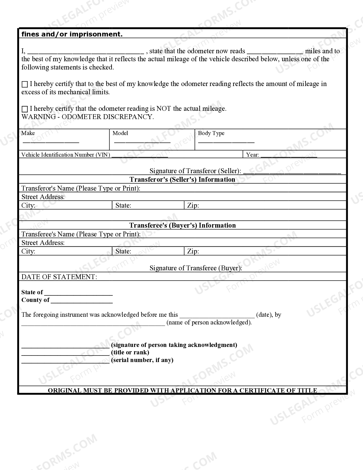 Colorado Bill of Sale of Automobile and Odometer Statement - Odometer ...