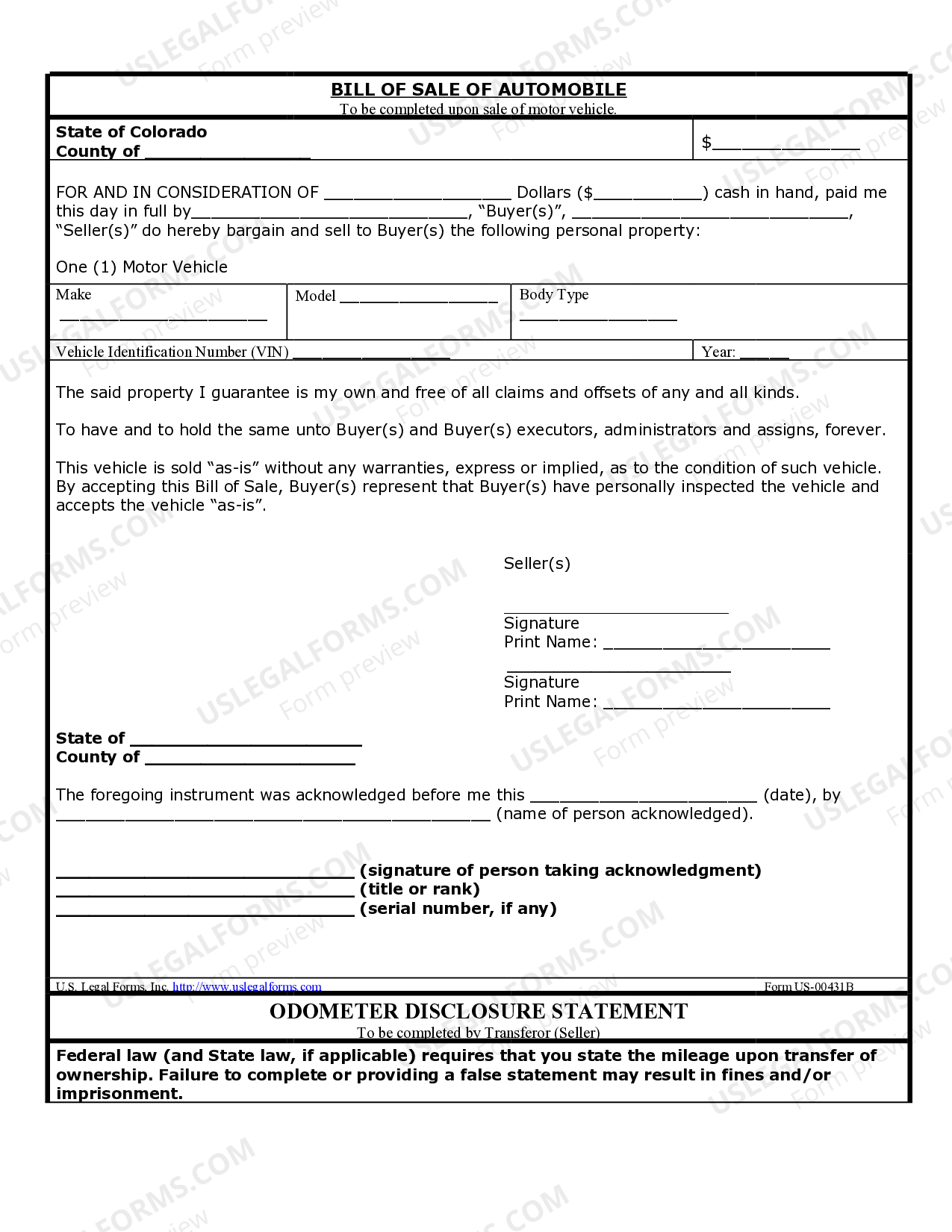 Colorado Bill of Sale of Automobile and Odometer Statement for As ...