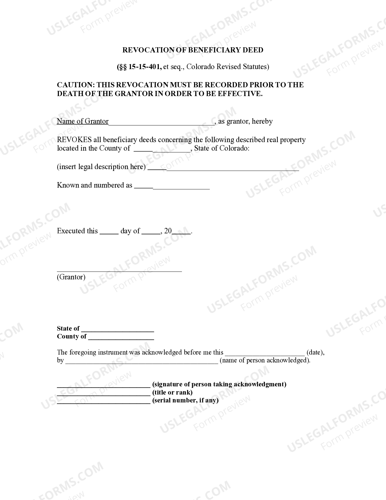 Colorado Revocation of Transfer on Death Deed or TOD - Transfer Death ...