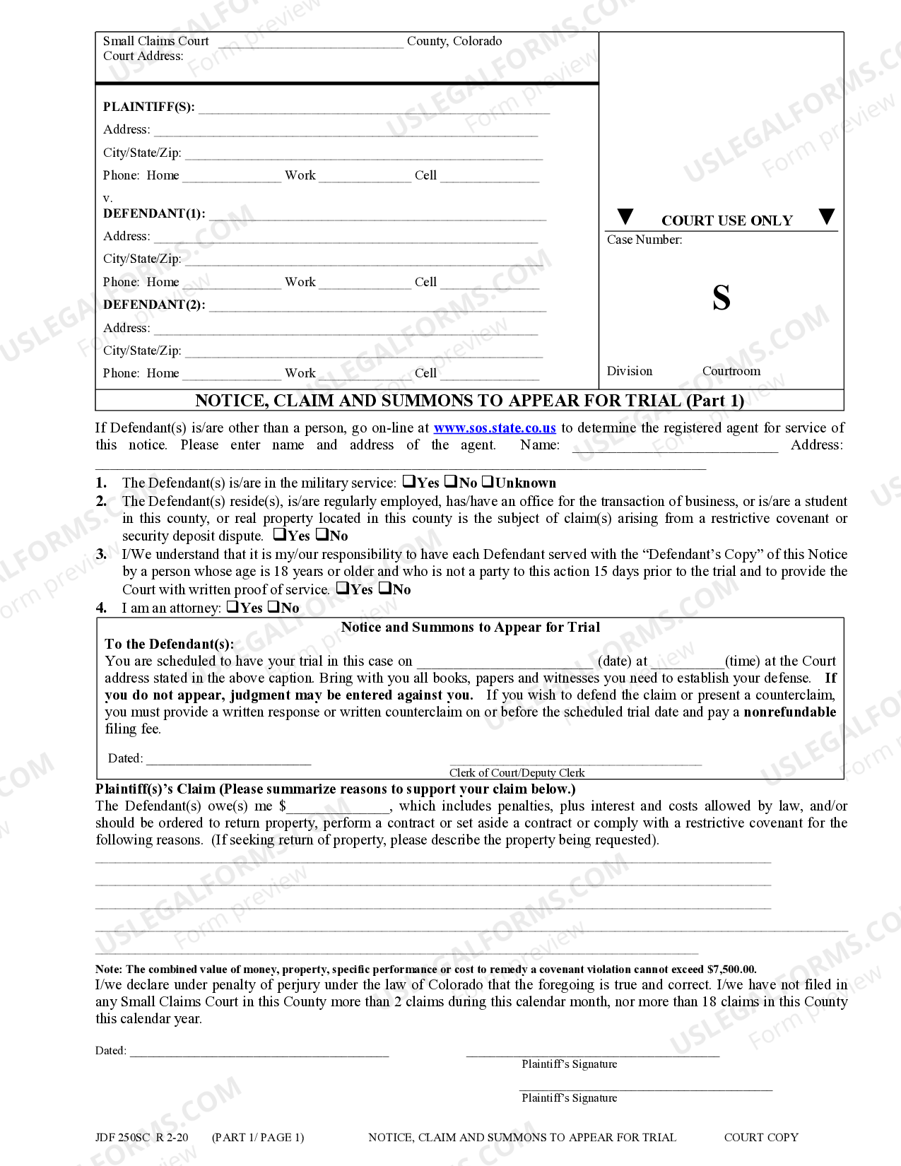 Colorado Notice, Claim, and Summons to Appear | US Legal Forms