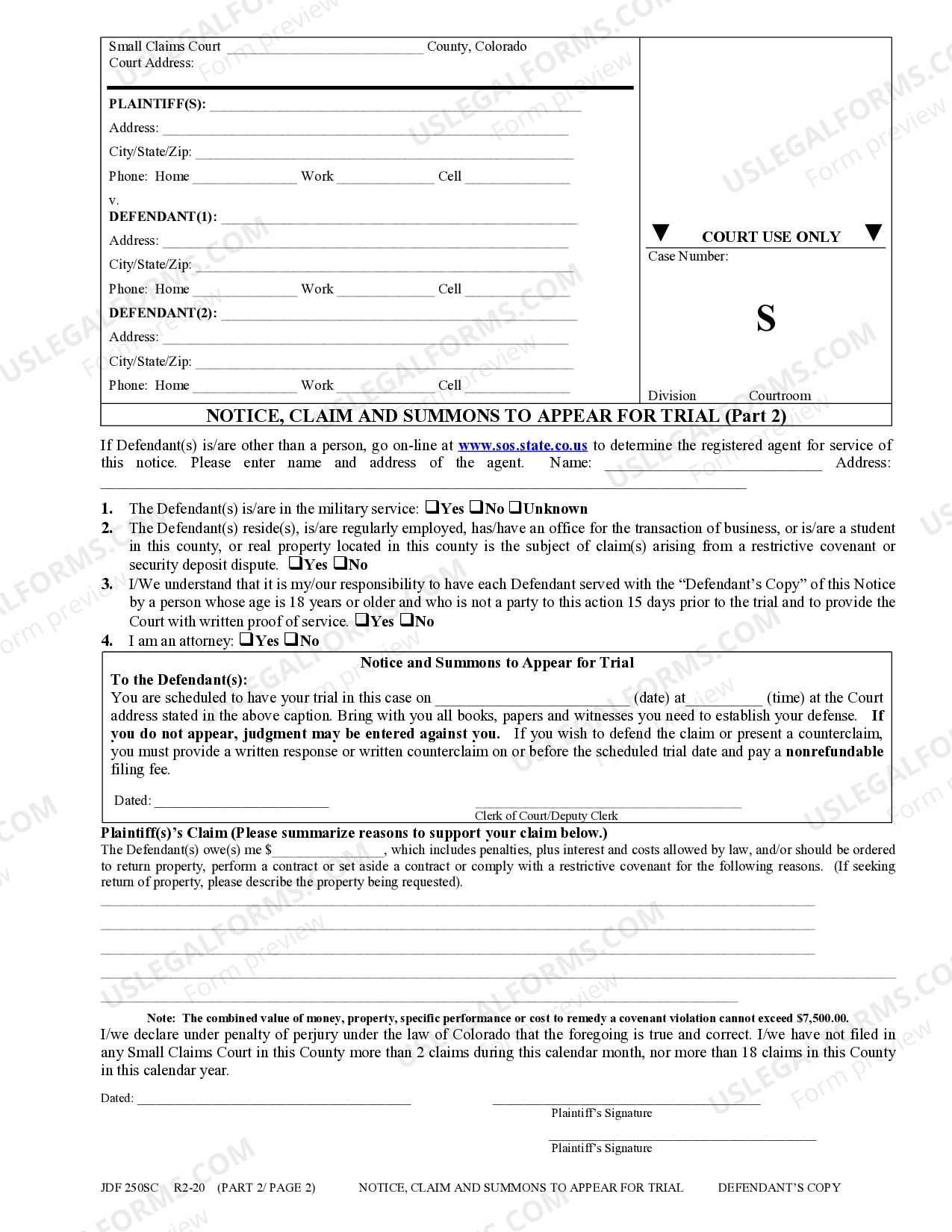 Colorado Notice, Claim, and Summons to Appear | US Legal Forms