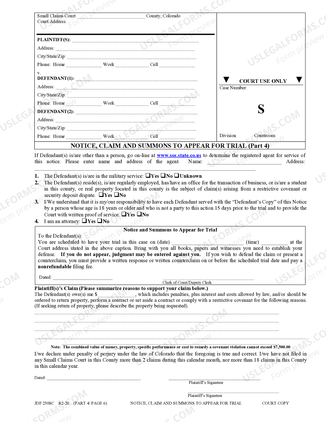 Colorado Notice, Claim, and Summons to Appear | US Legal Forms