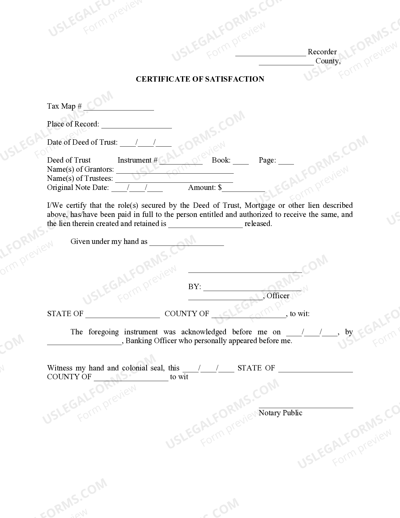 Colorado Certificate of Satisfaction | US Legal Forms