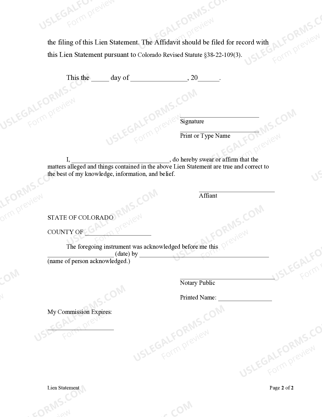 Colorado Lien Statement - Individual - Colorado Lien | US Legal Forms