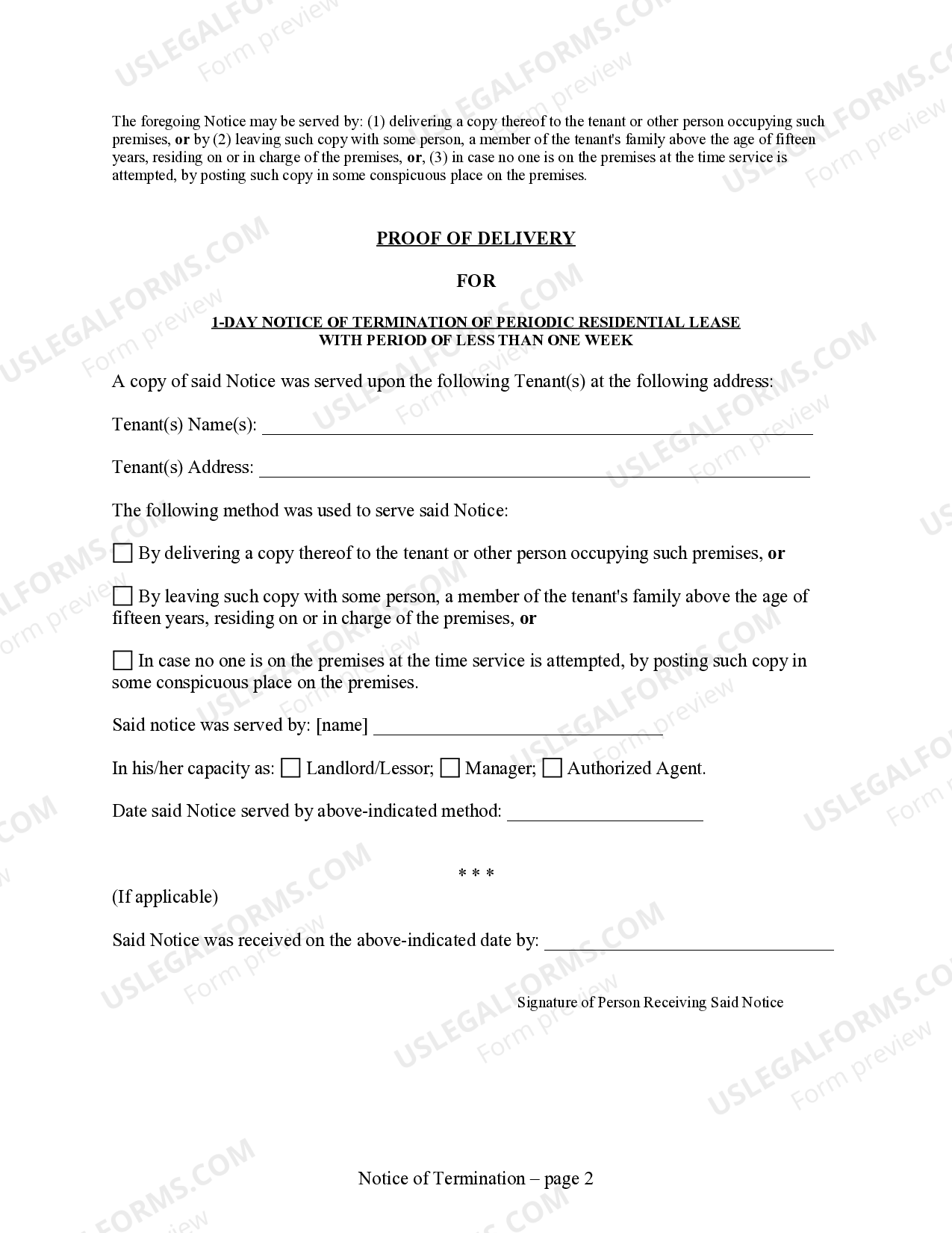 Westminster Colorado 1 Day Notice to Terminate Lease of Less Than One ...