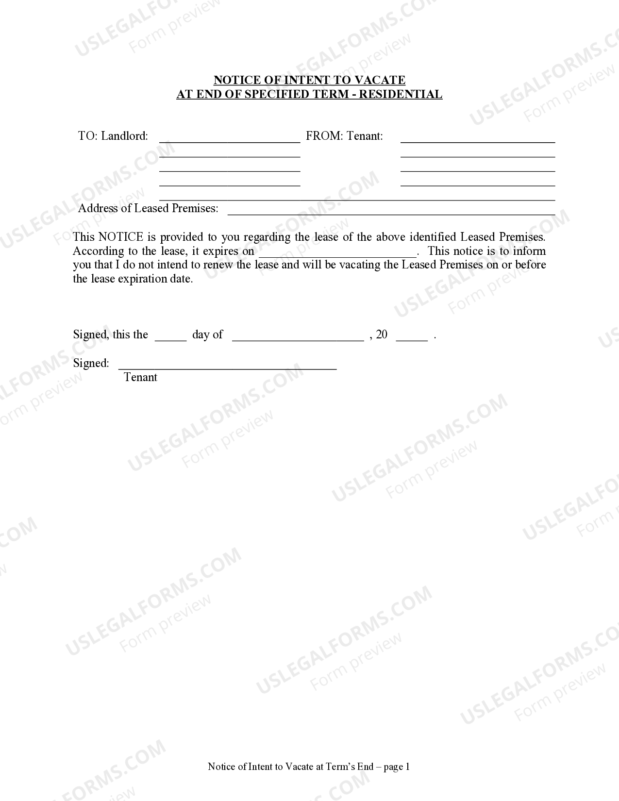 Colorado Notice of Intent to Vacate at End of Specified Lease Term from ...