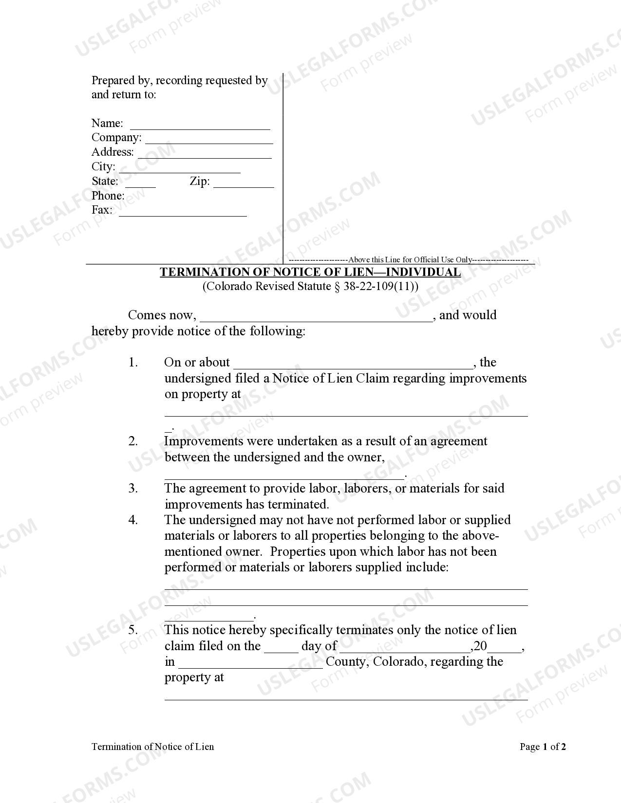 Colorado Termination of Notice of Lien by Individual - Termination Lien ...