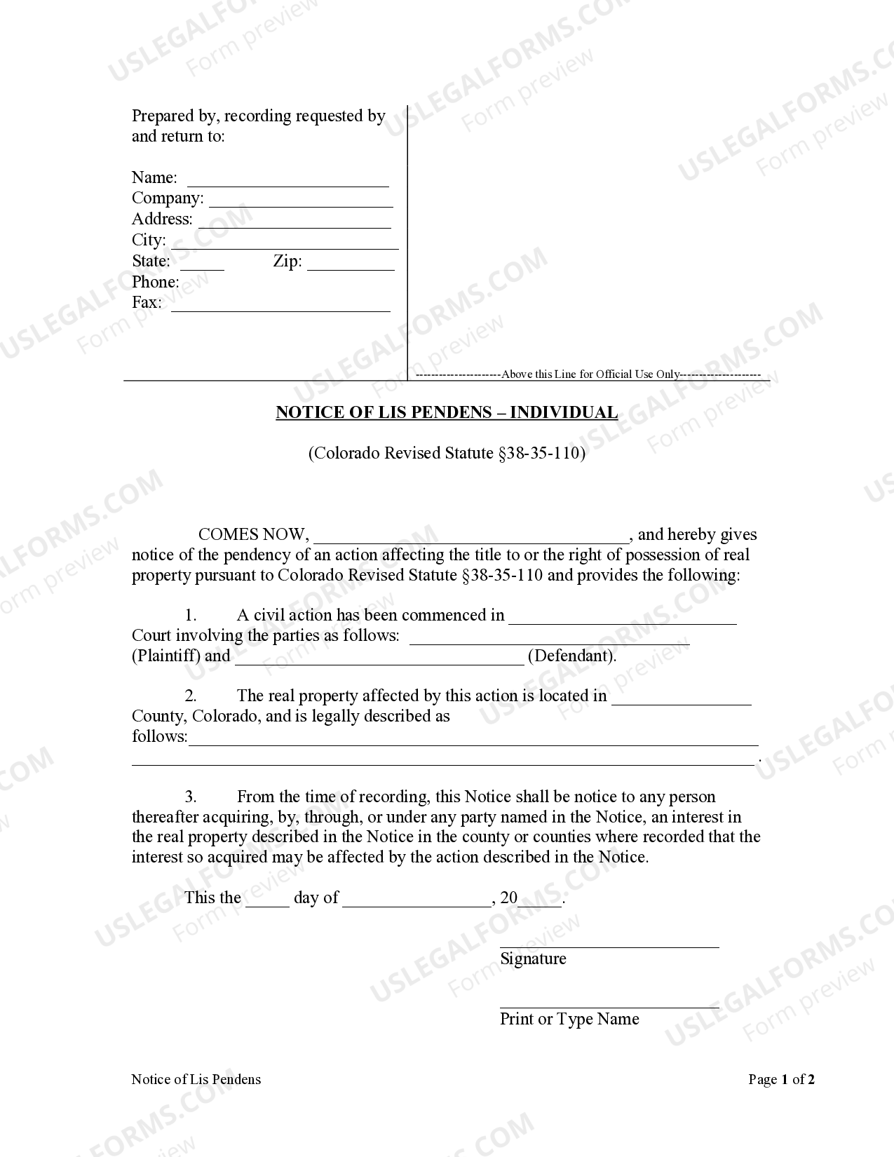 Colorado Notice of Lis Pendens - Individual - Lis Pendens Colorado | US ...