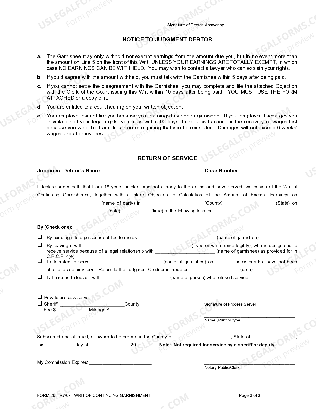 Colorado Writ of Continuing Garnishment - Writ Of Continuing Garnishment Colorado | US Legal Forms