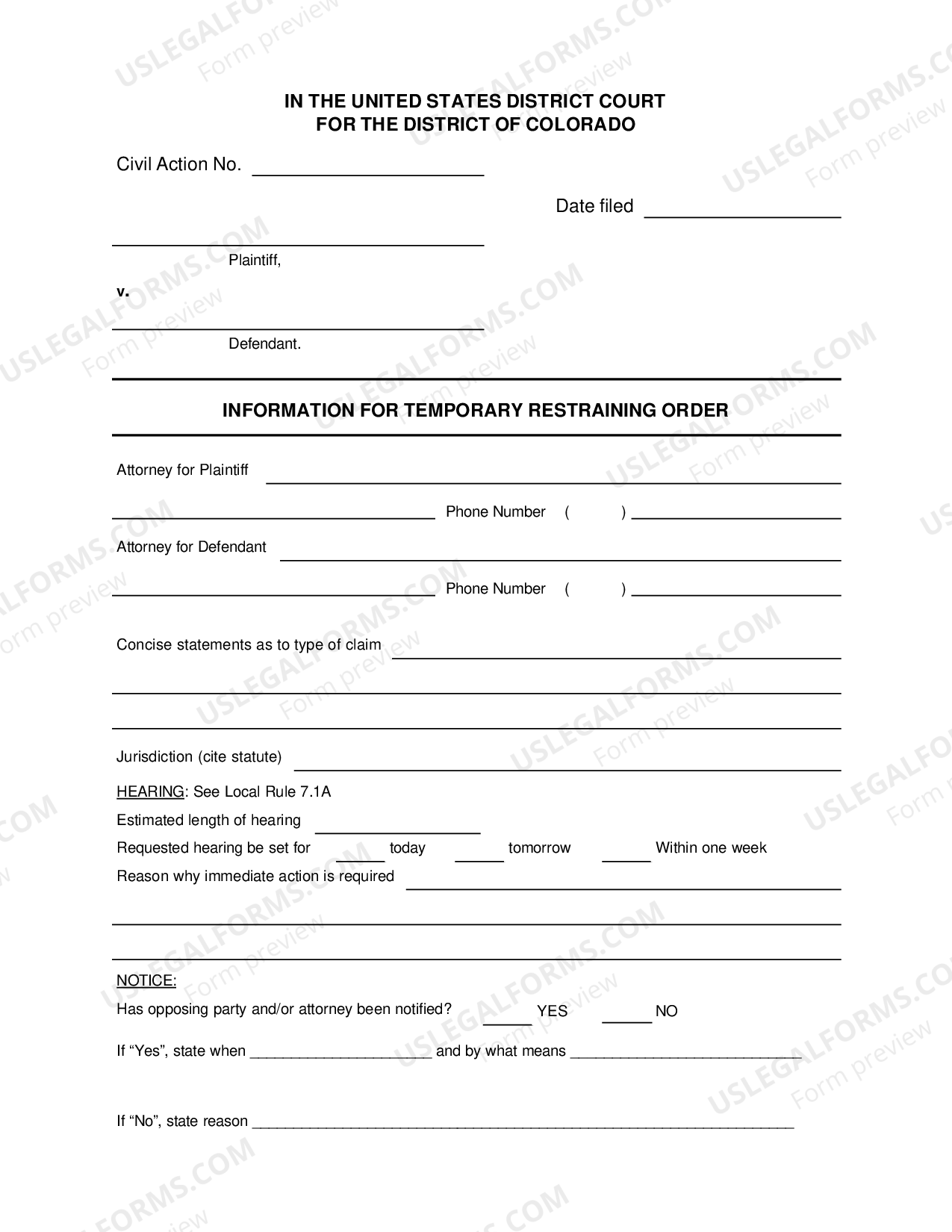 Colorado Information for Temporary Restraining Order | US Legal Forms