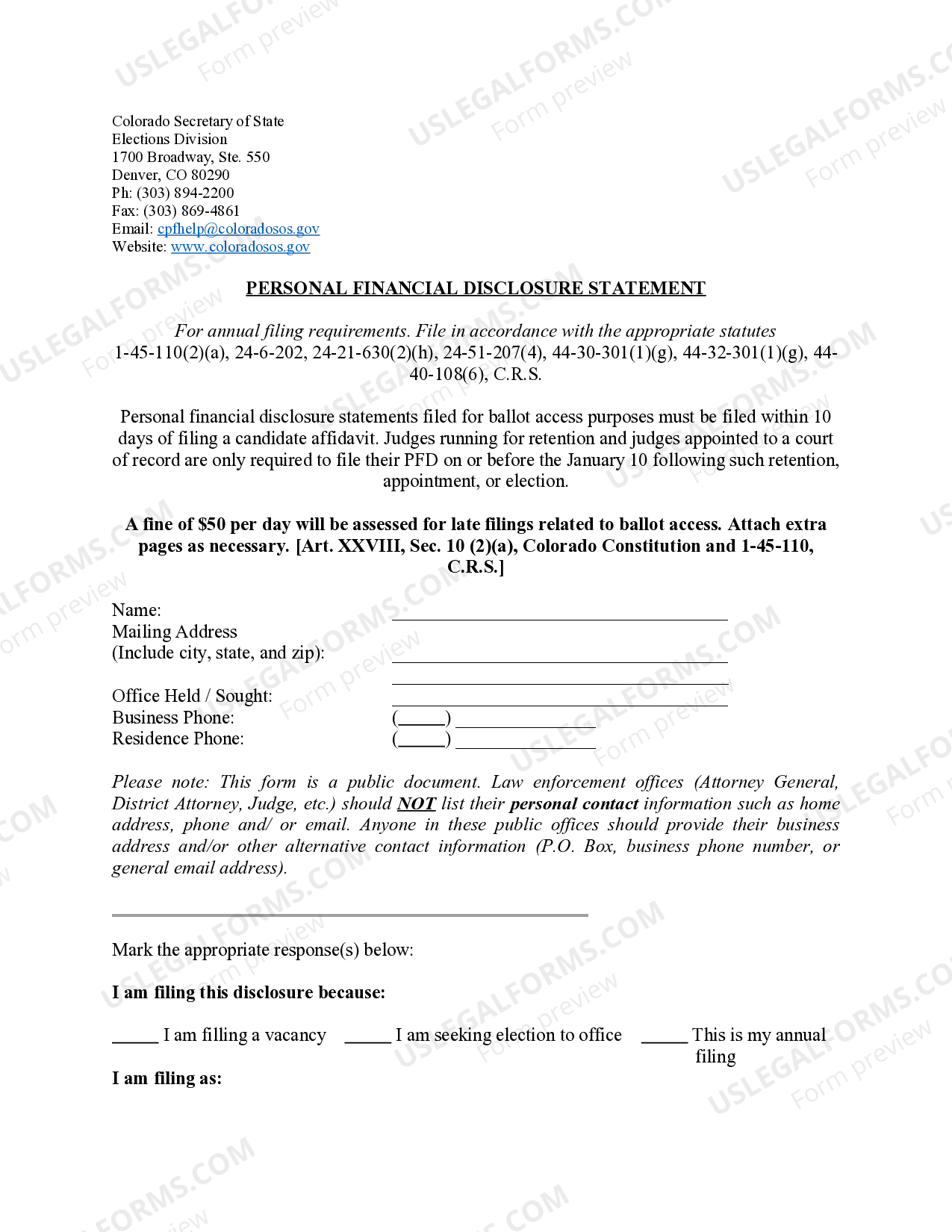 Personal Financial Disclosure Statement of Political Candidate ...