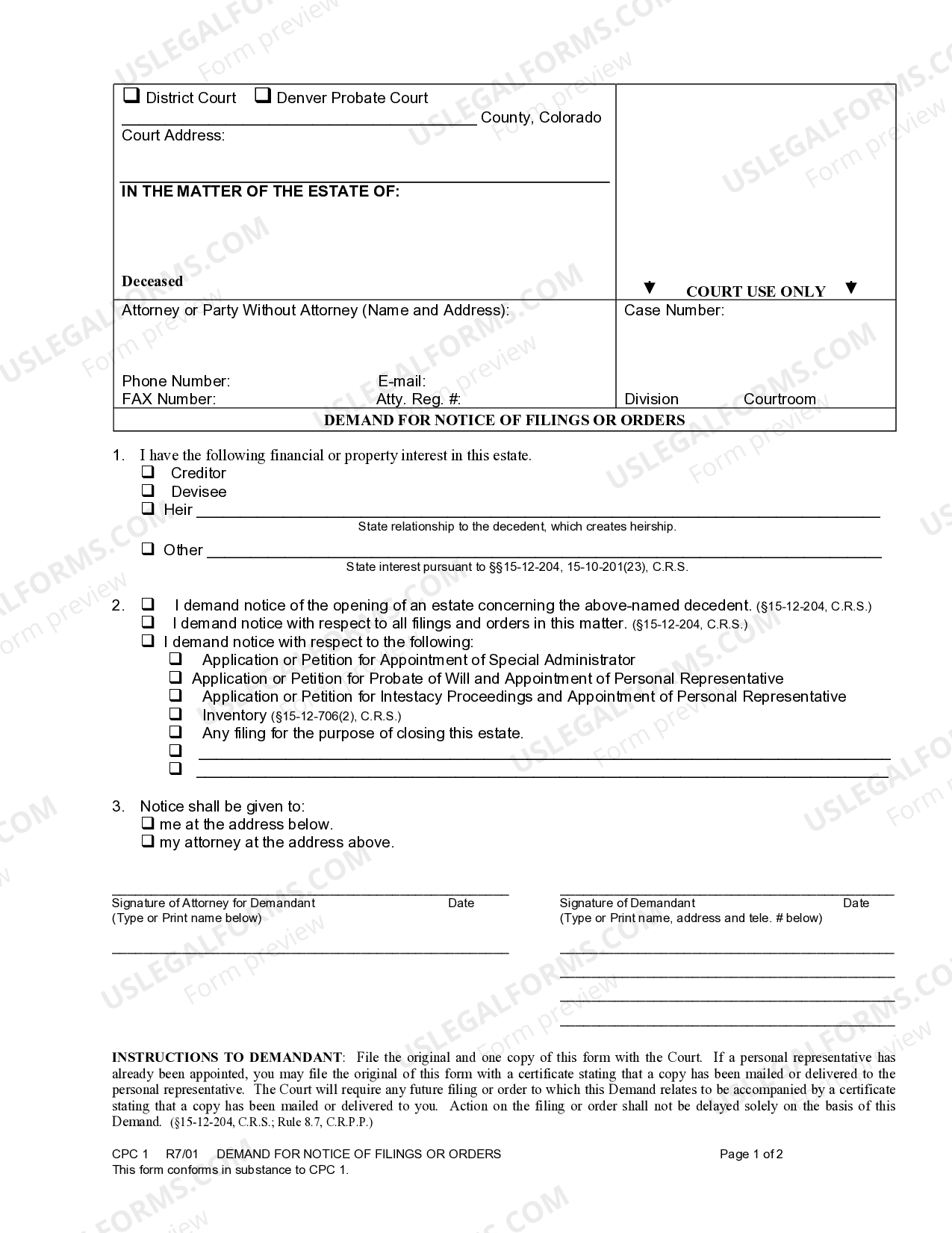 Colorado Demand for Notice of Filings or Orders | US Legal Forms