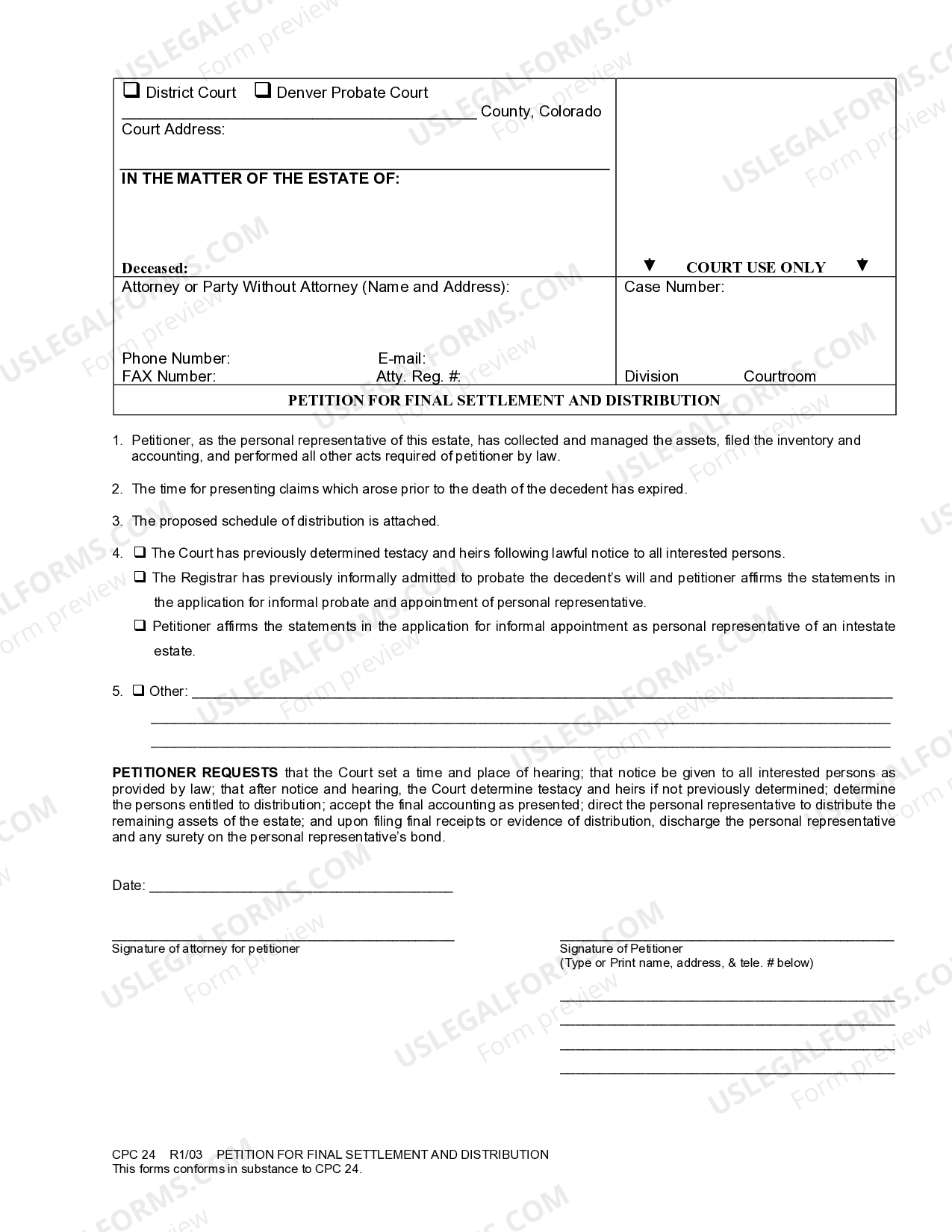 Colorado Petition for Final Settlement and Distribution | US Legal Forms