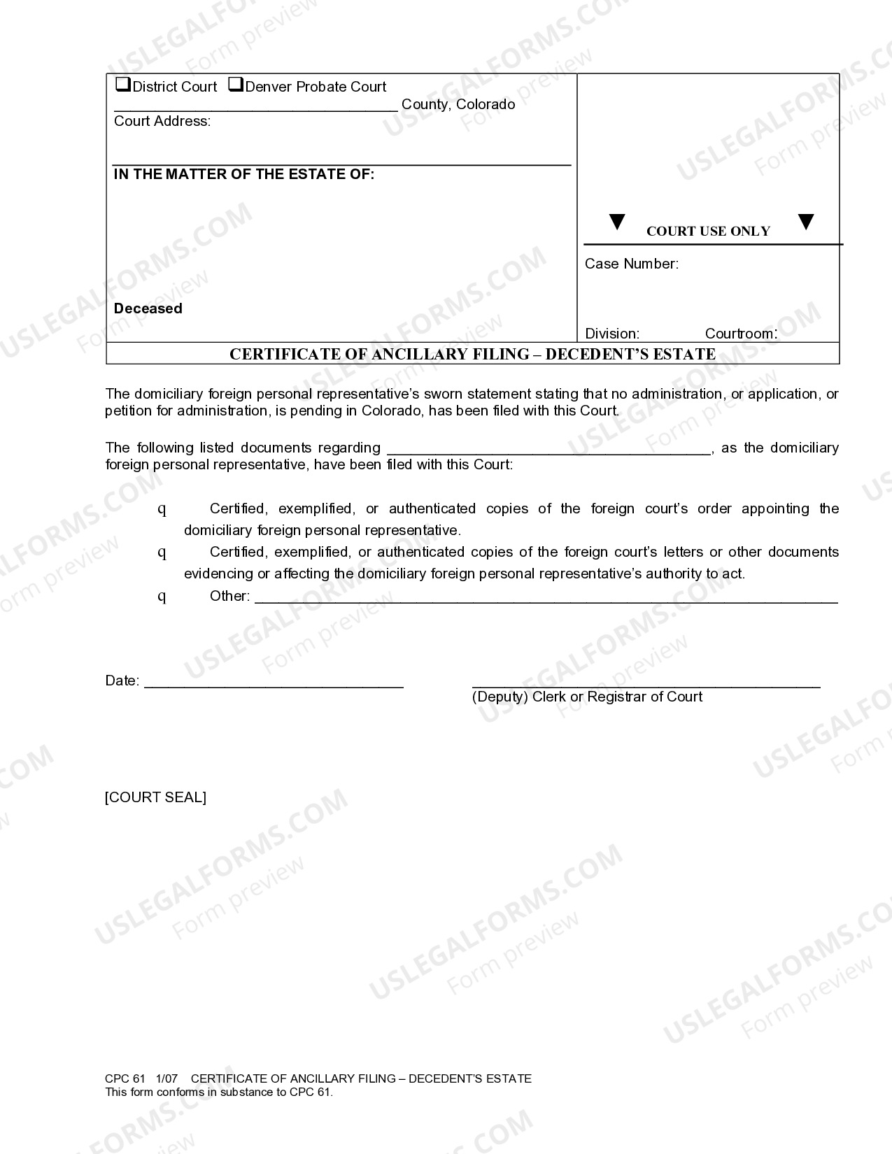 Colorado Certificate of Ancillary Filing - Decedent's Estate | US Legal Forms