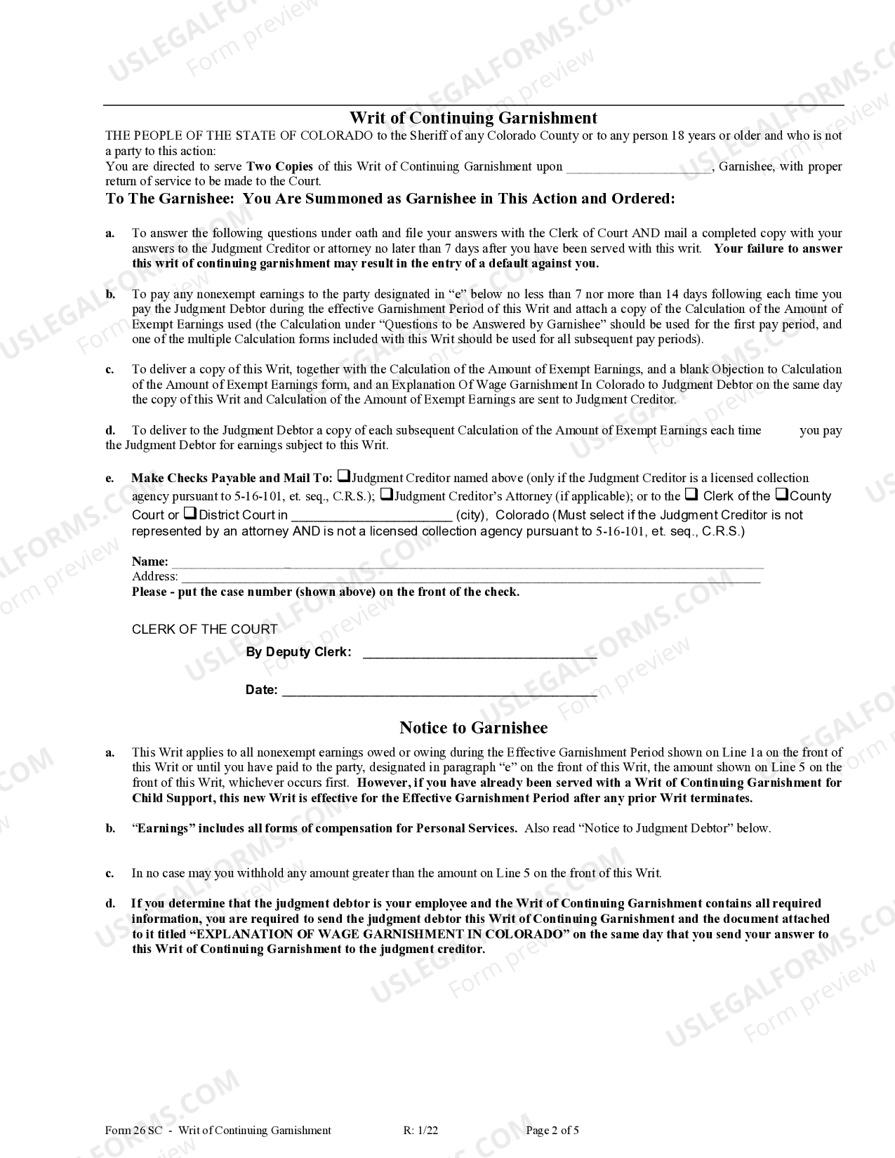 Colorado Writ of Continuing Garnishment - Writ Of Continuing Garnishment | US Legal Forms