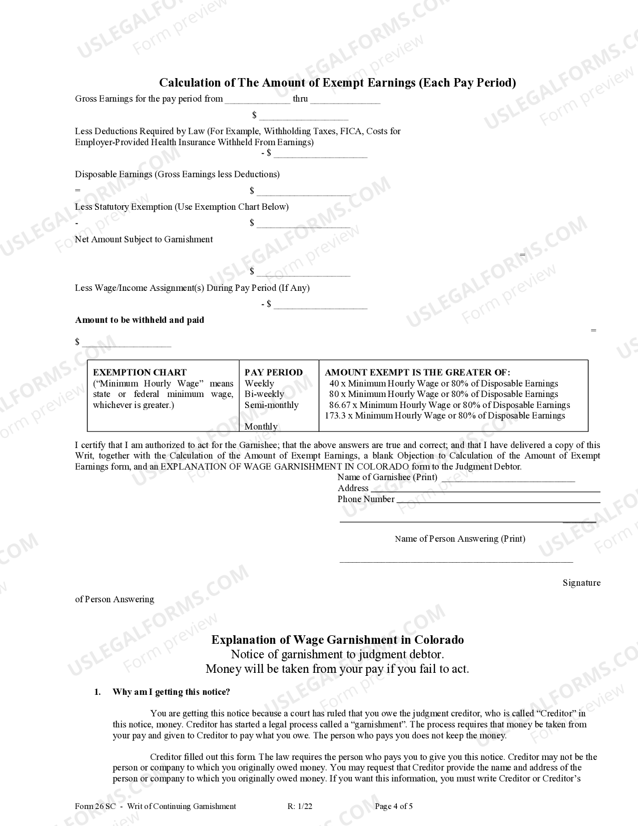 Colorado Writ of Continuing Garnishment - Writ Of Continuing Garnishment | US Legal Forms
