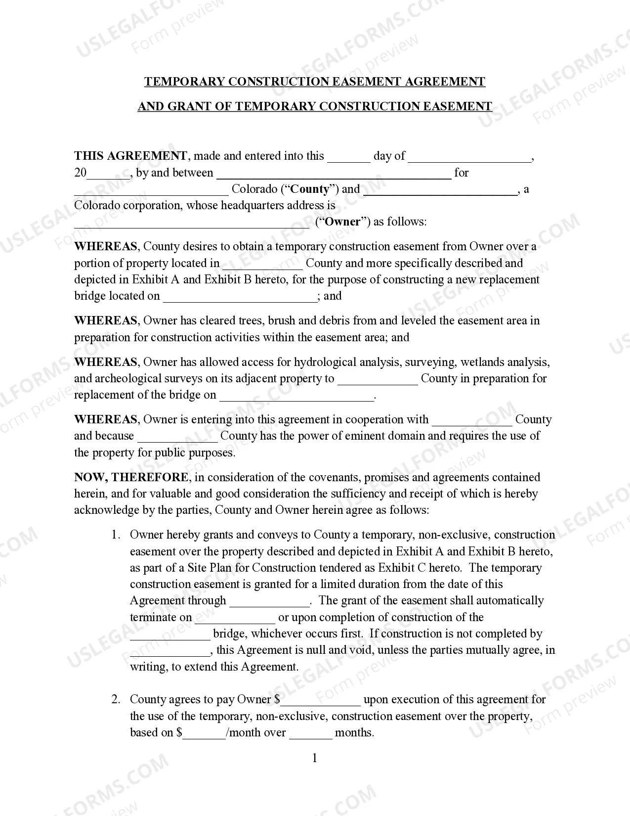 Colorado Temporary Construction Easement Agreement | US Legal Forms