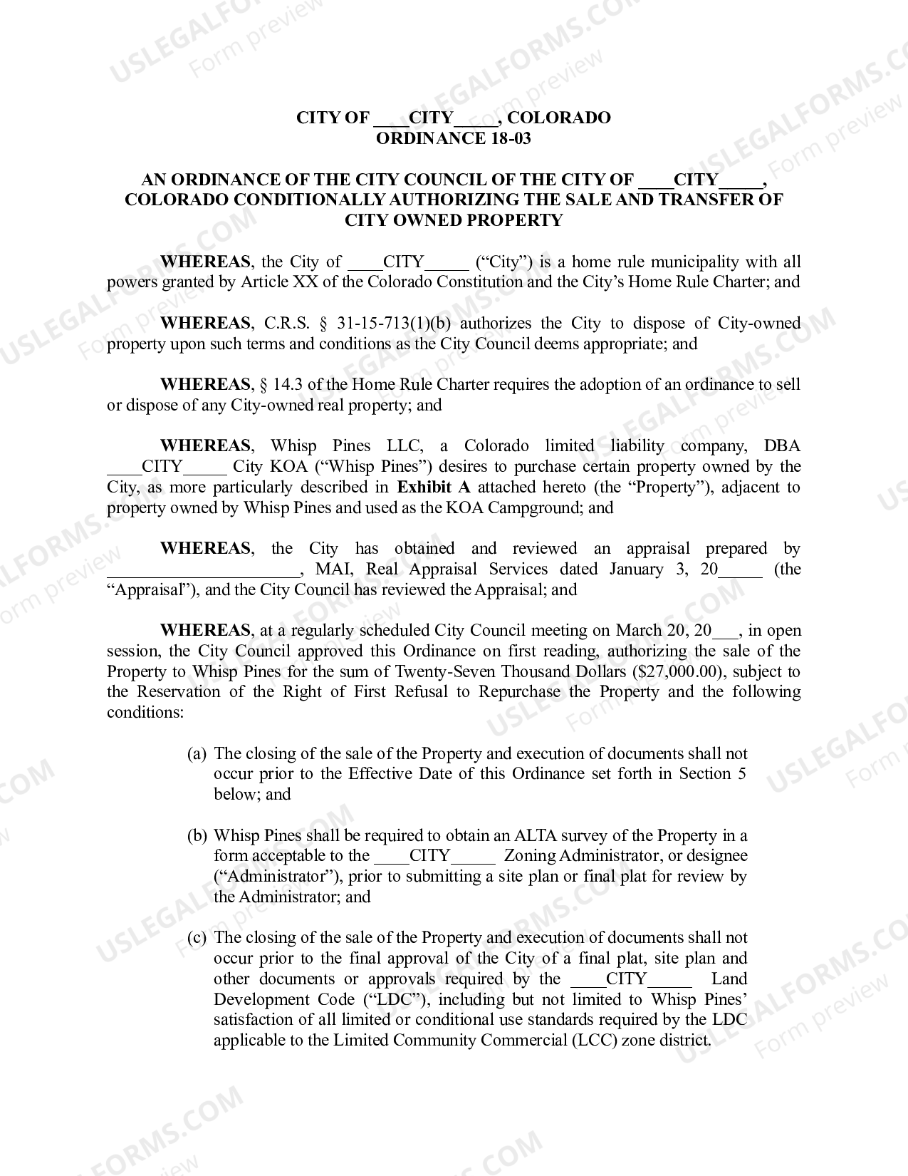Colorado Ordinance Authorizing the Sale and Transfer of City Owned ...