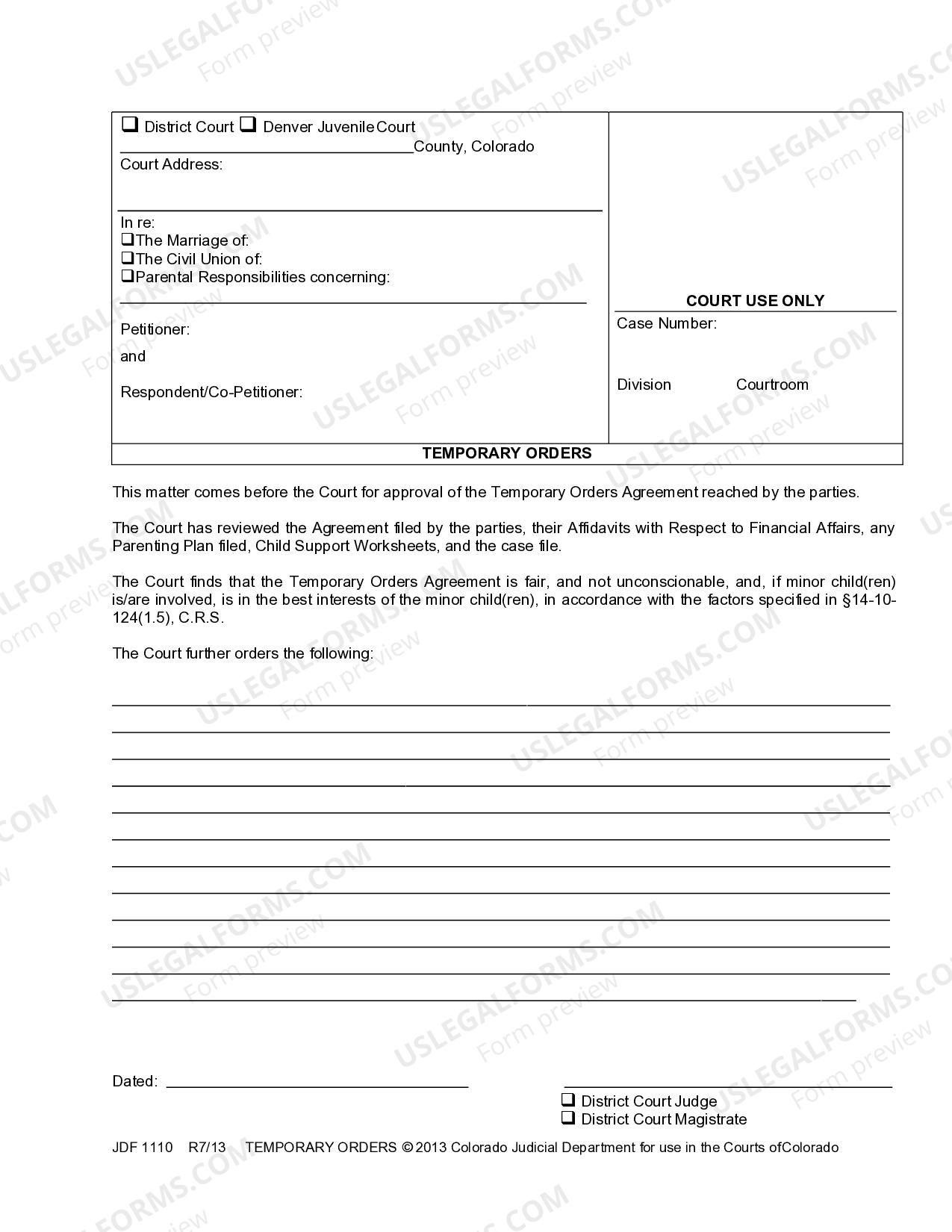 Colorado Temporary Orders | US Legal Forms