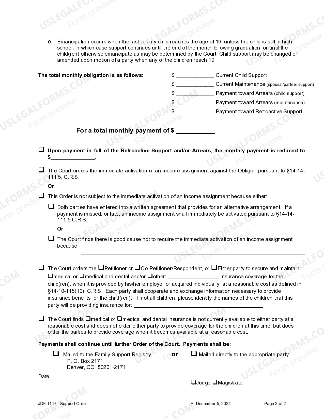 Colorado Support Order - Attachment to Decree - Jdf 1117 | US Legal Forms