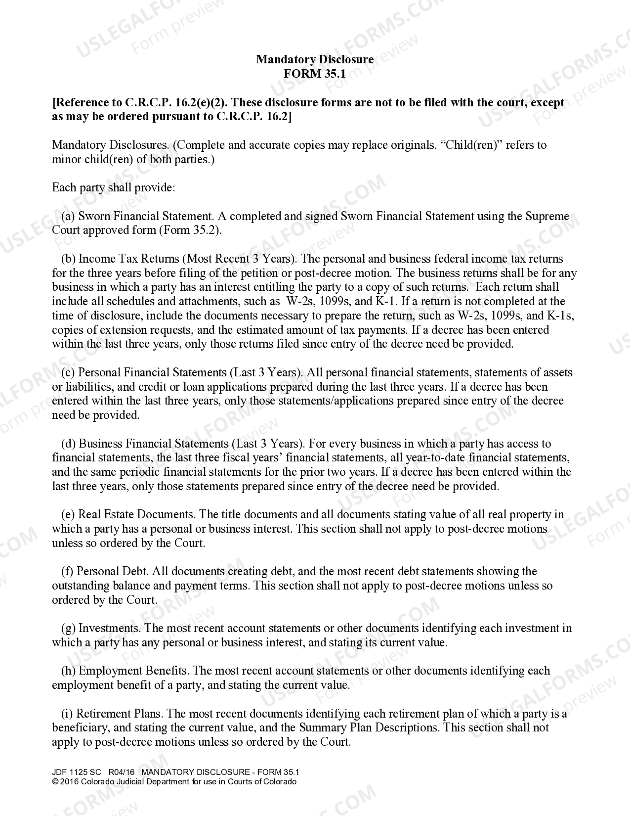 Colorado Mandatory Disclosure Form 35.1 - Reference to 16 - Jdf 1125 ...