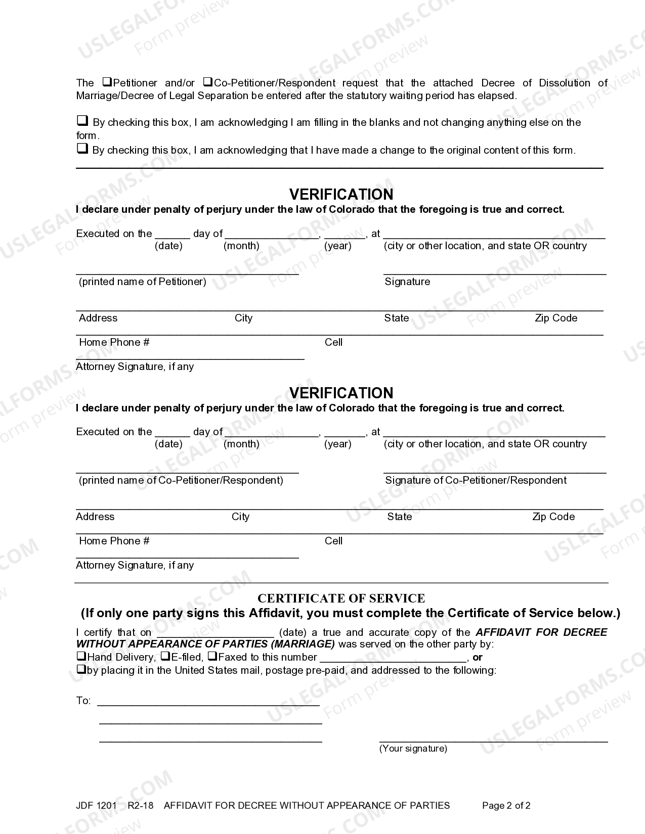 Colorado Affidavit for Decree Without Appearance of Parties C.R.S. 14 ...