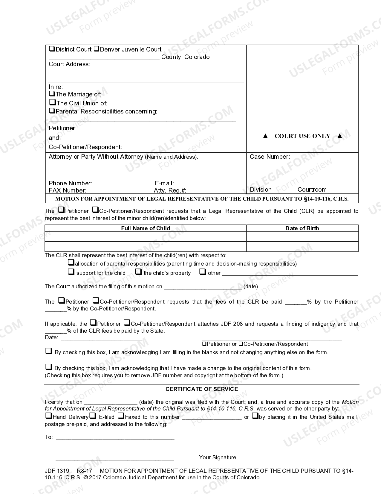 Colorado Motion for Appoint of Legal Representative of the Child ...
