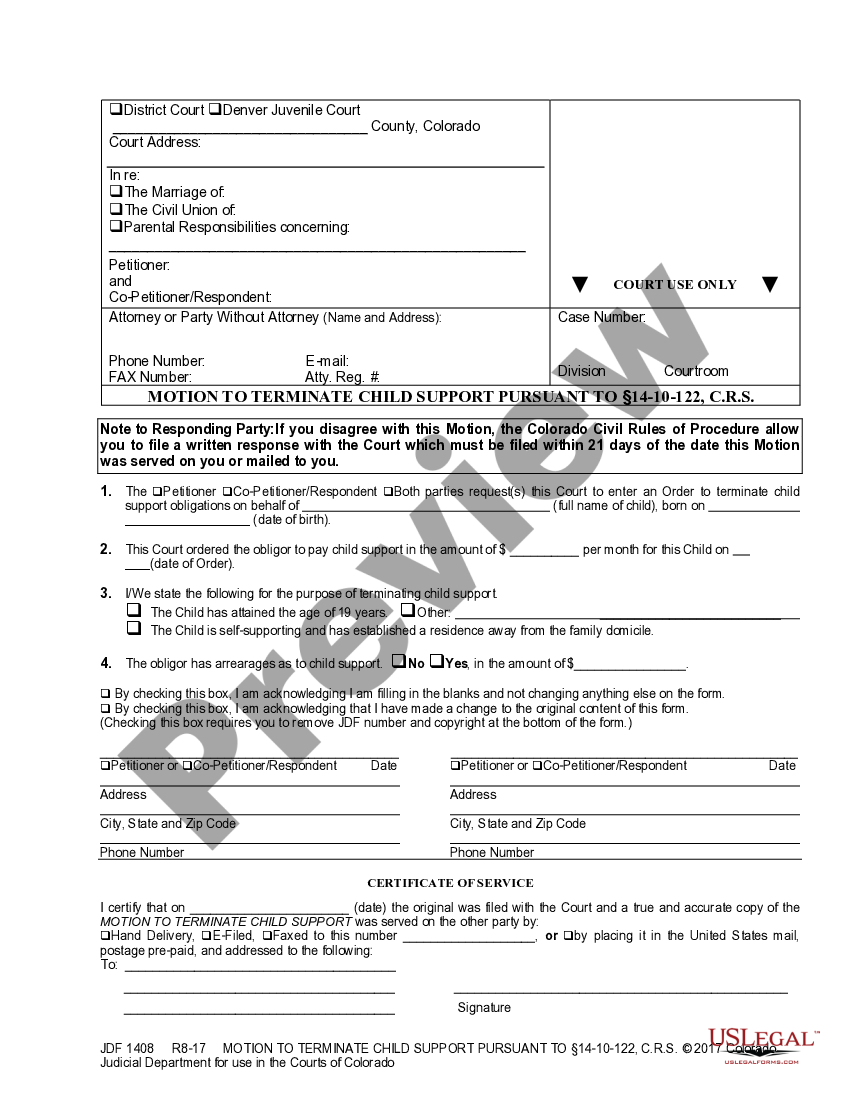 Colorado Motion To Terminate Child Support Pursuant To C R S 14 10 