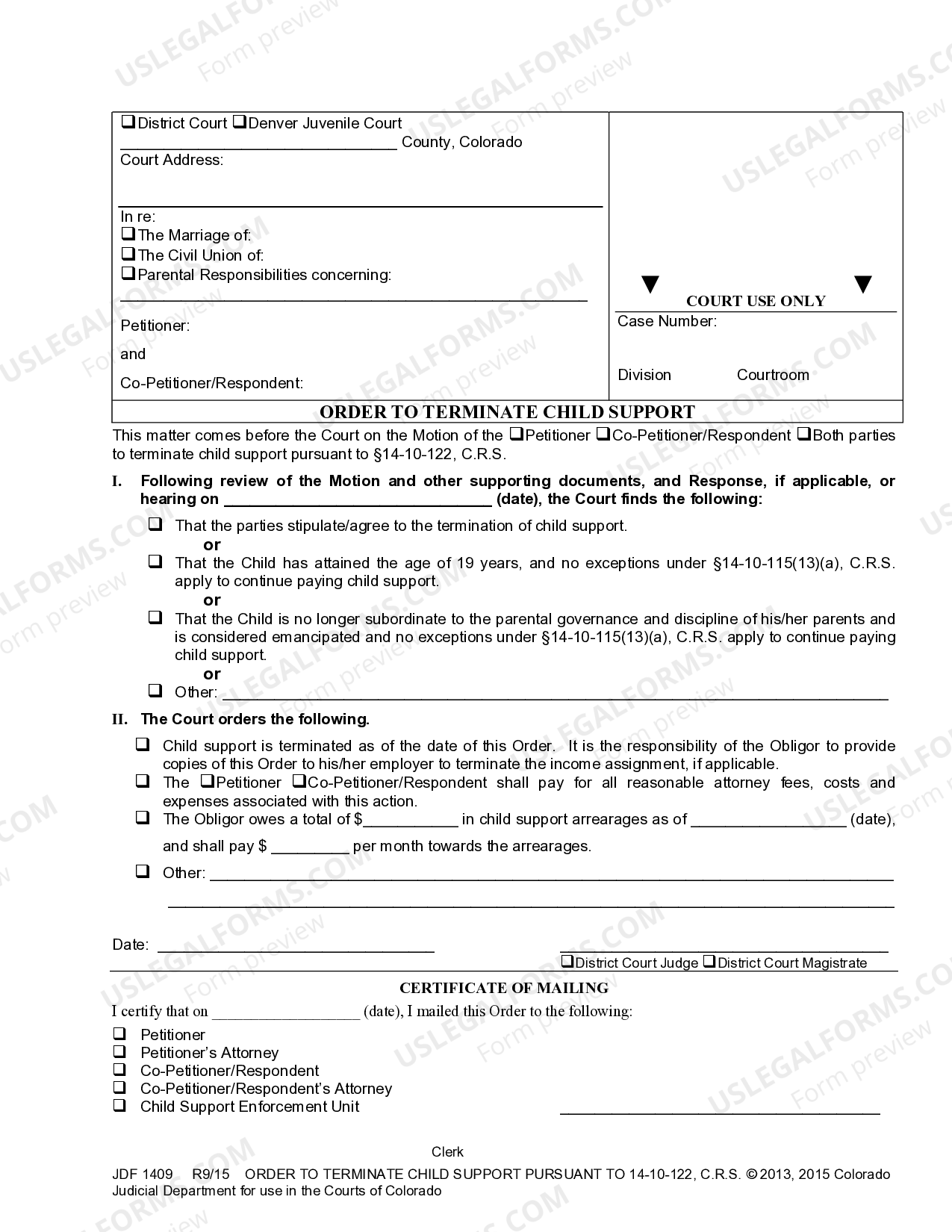 Colorado Order to Terminate Child Support Pursuant to C.R.S. 14-10 ...