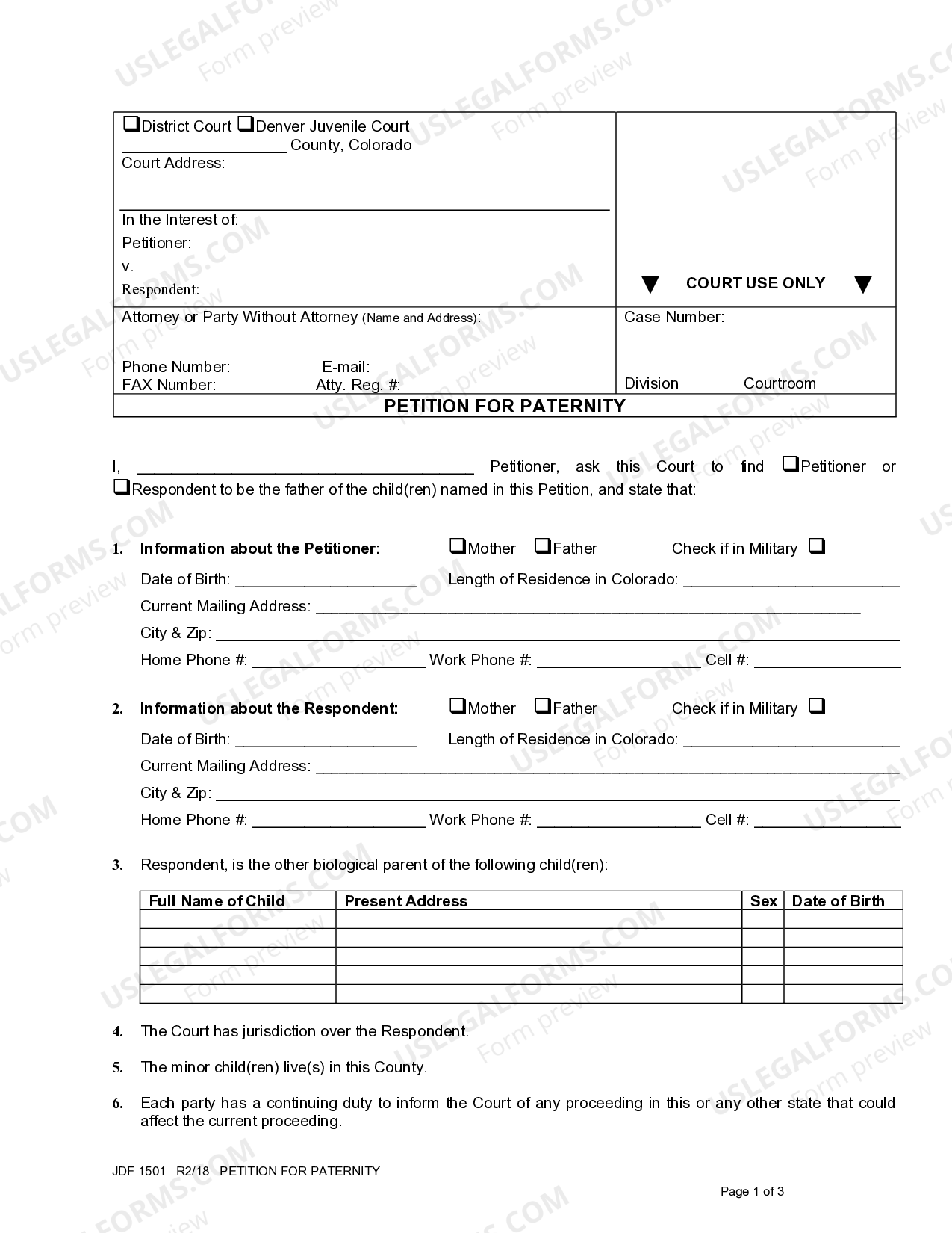 Colorado Petition in Paternity | US Legal Forms