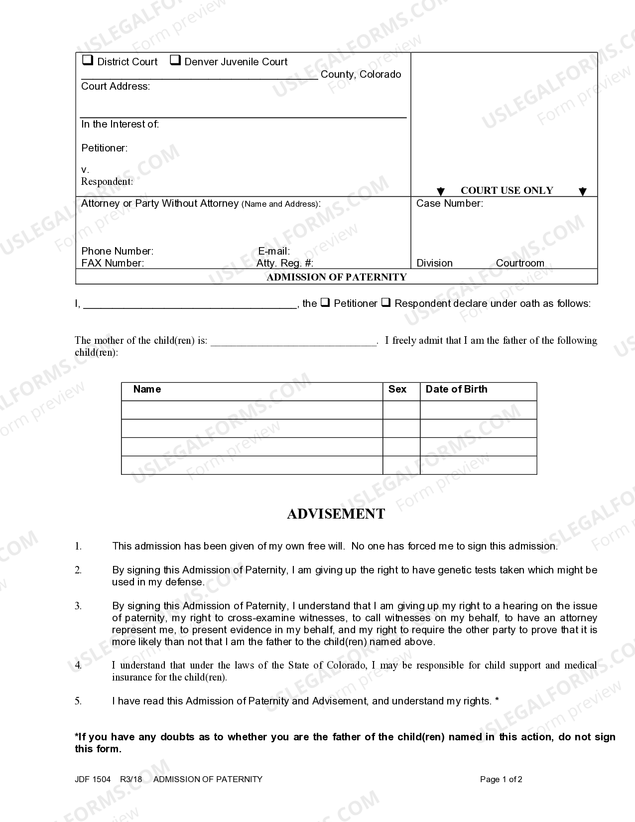 Colorado Admission of Paternity | US Legal Forms